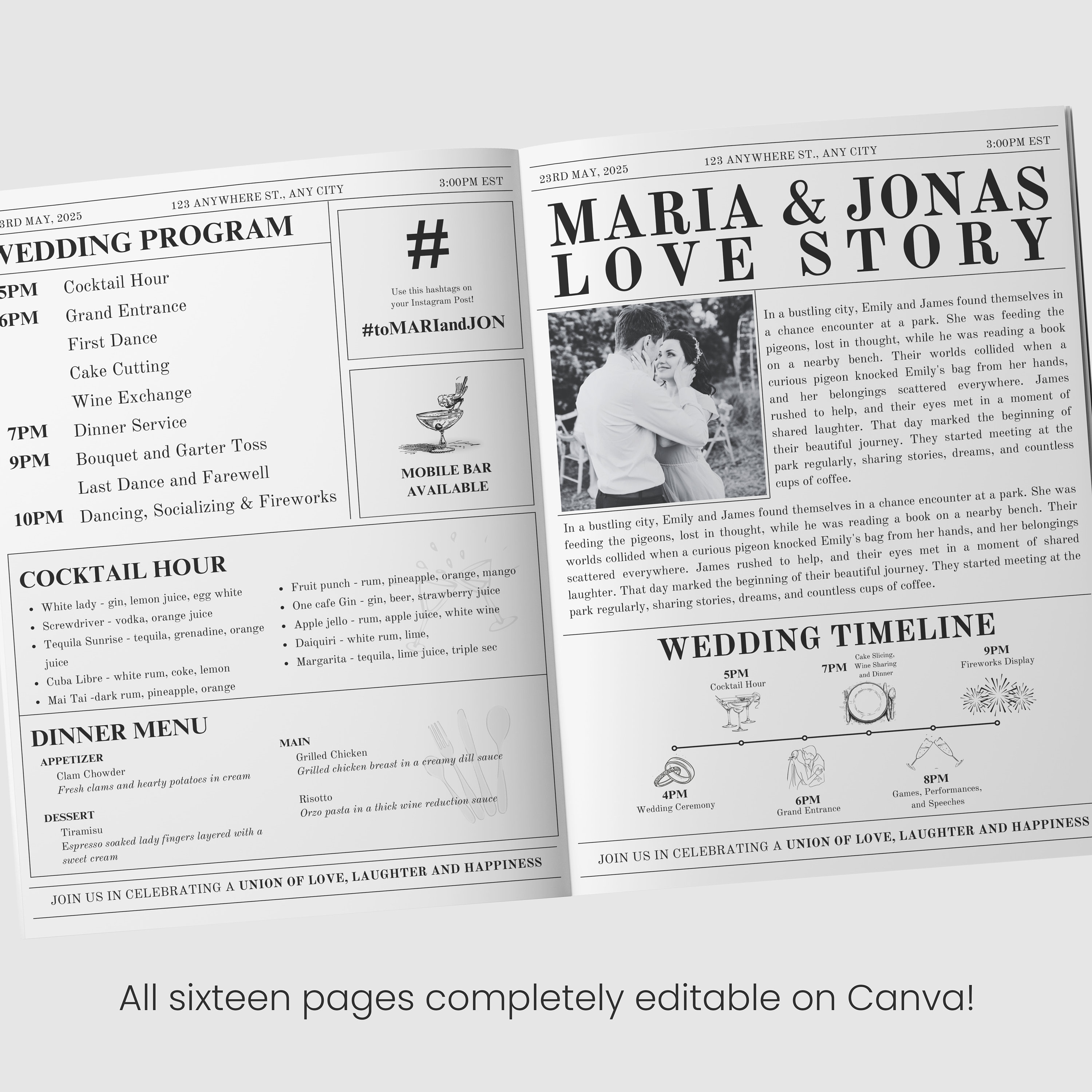 Newspaper-style Wedding Program Template, Editable Infographic Design ...