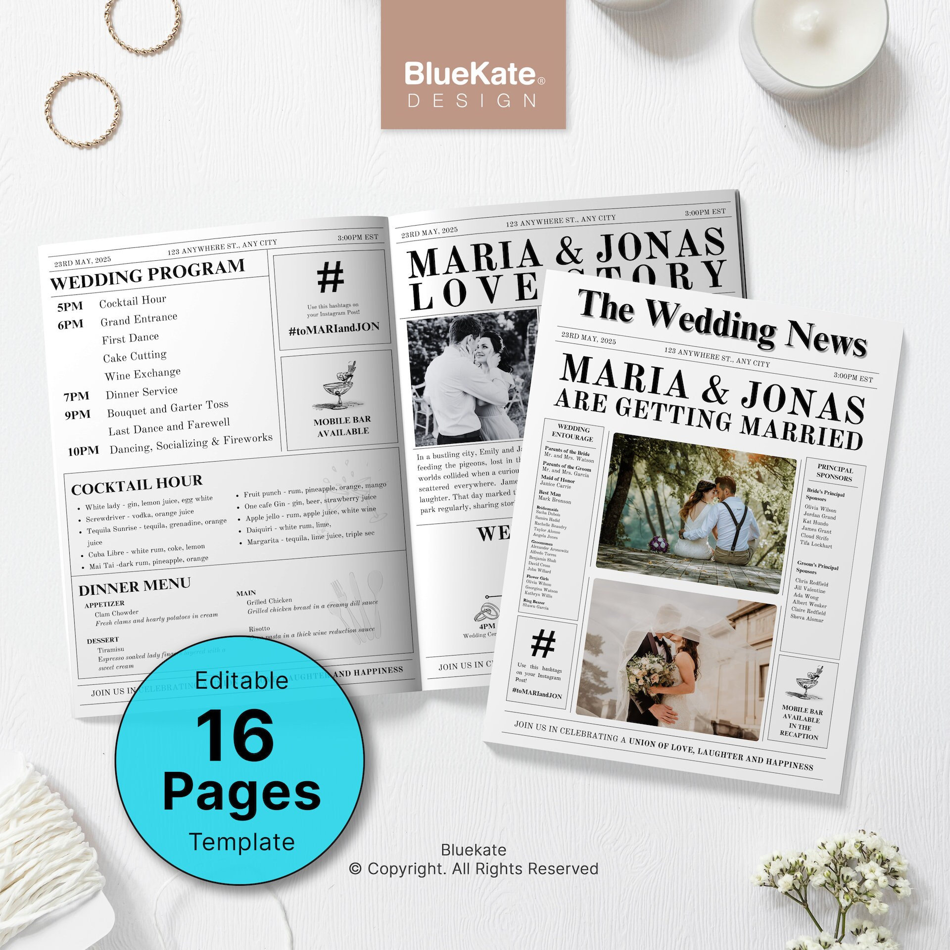 Newspaper-style Wedding Program Template, Editable Infographic Design ...