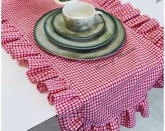Linen Table Runner in Red Gingham, Red Gingham Ruffle Tablerunner ...