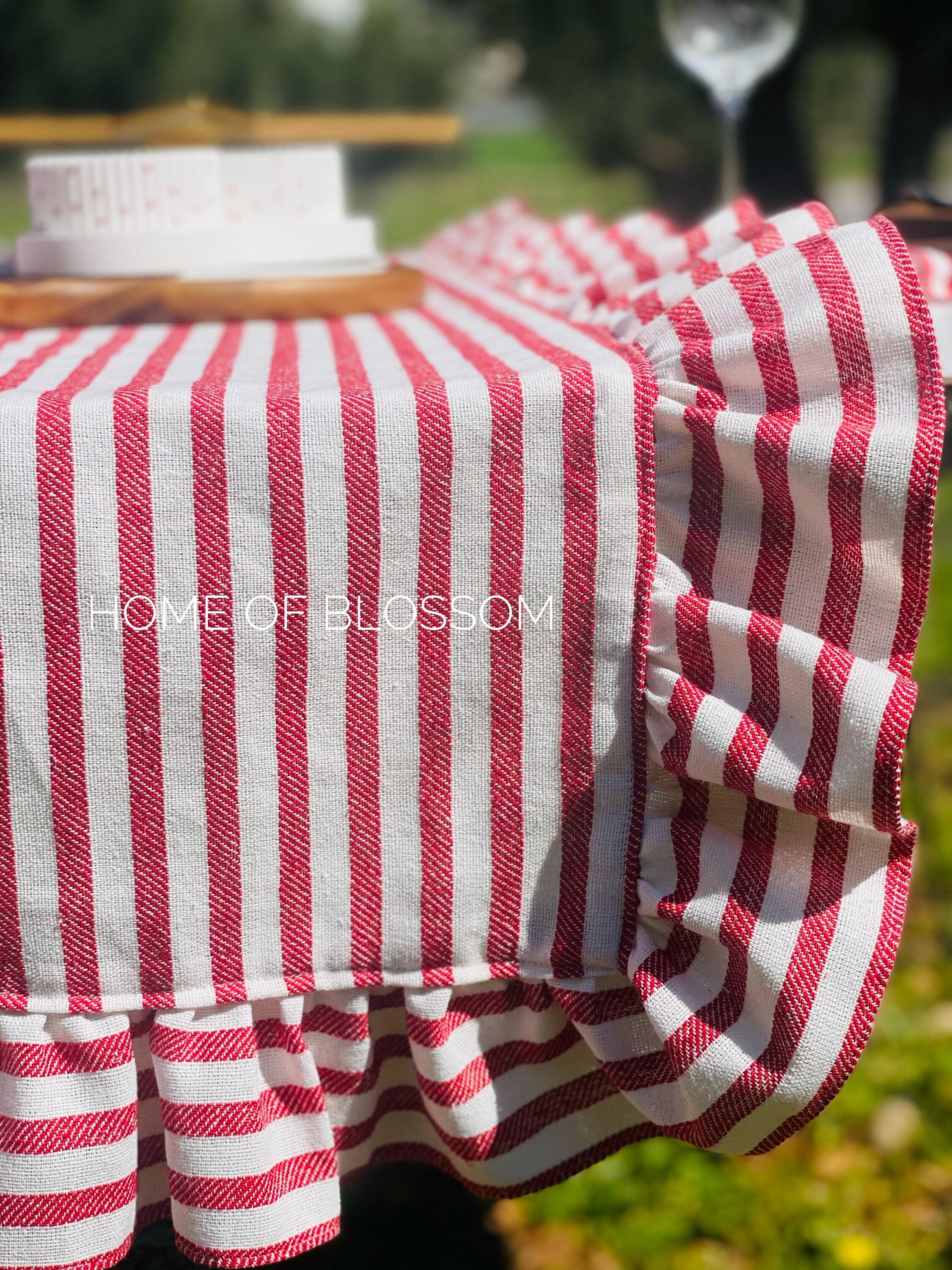 Red Stripe Vintage Linen Tablerunner With Ruffle, Red Stonewashed Linen ...