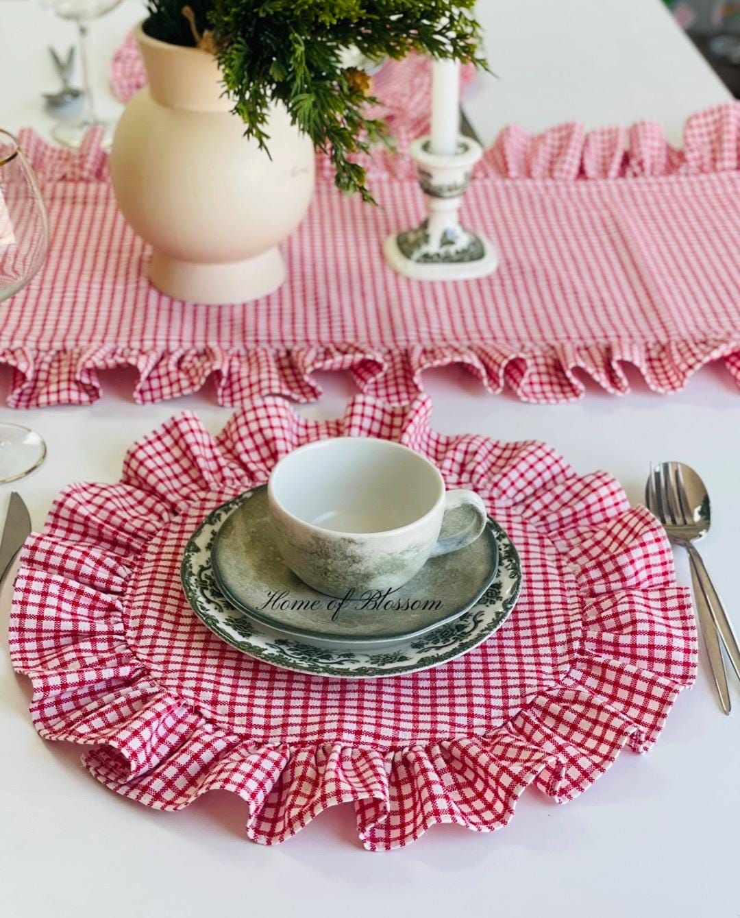 Red Gingham Linen Placemat: Ruffle Round Christmas Table Decor - Etsy