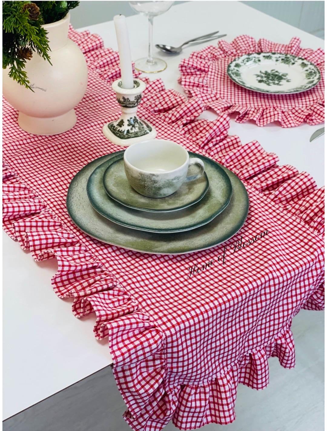 Red Gingham Linen Table Runner: Ruffle Farmhouse Decor - Etsy