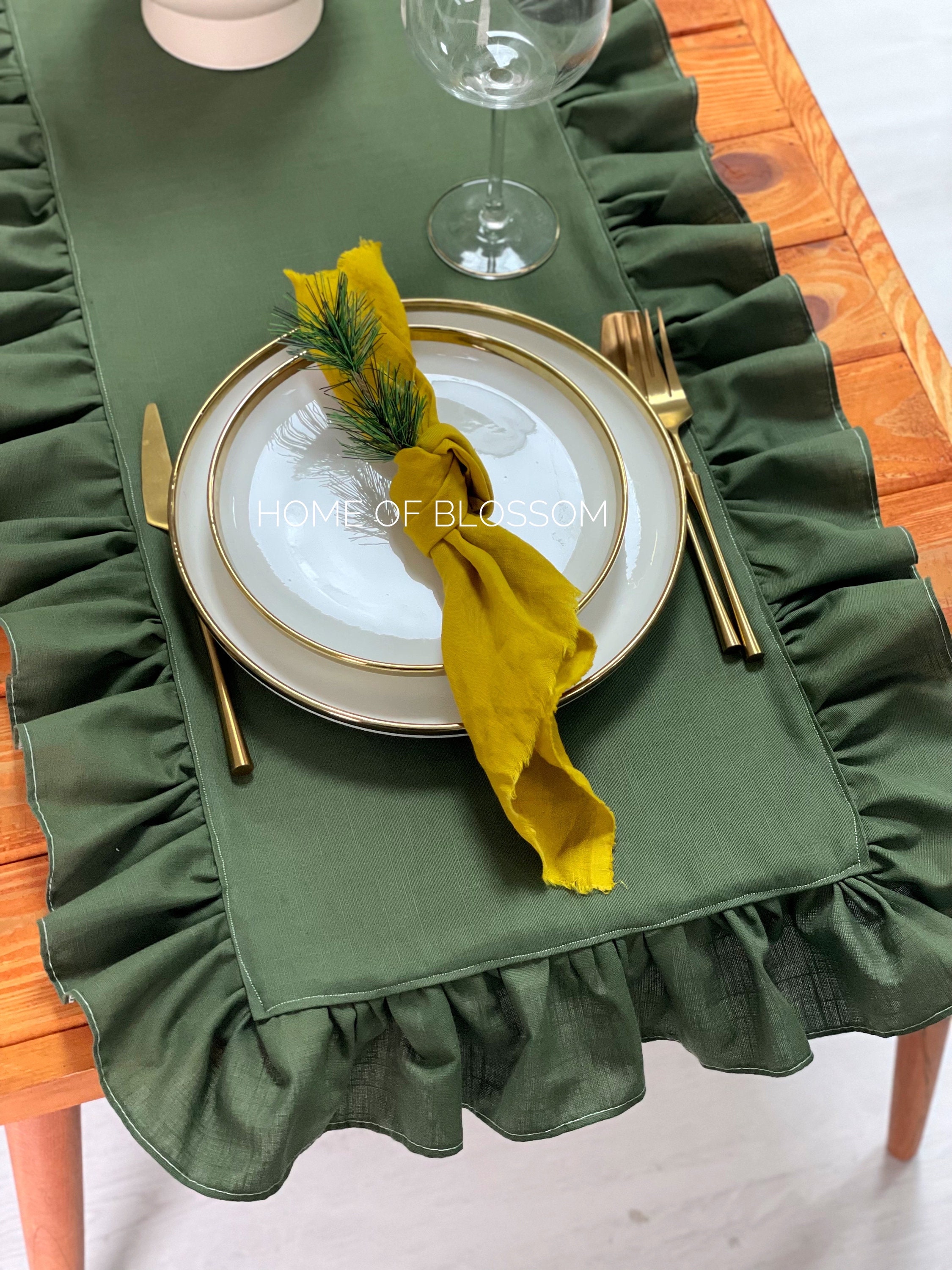 Ruffled Natural Linen Table Runner,farmhouse Linen Table Runner With ...