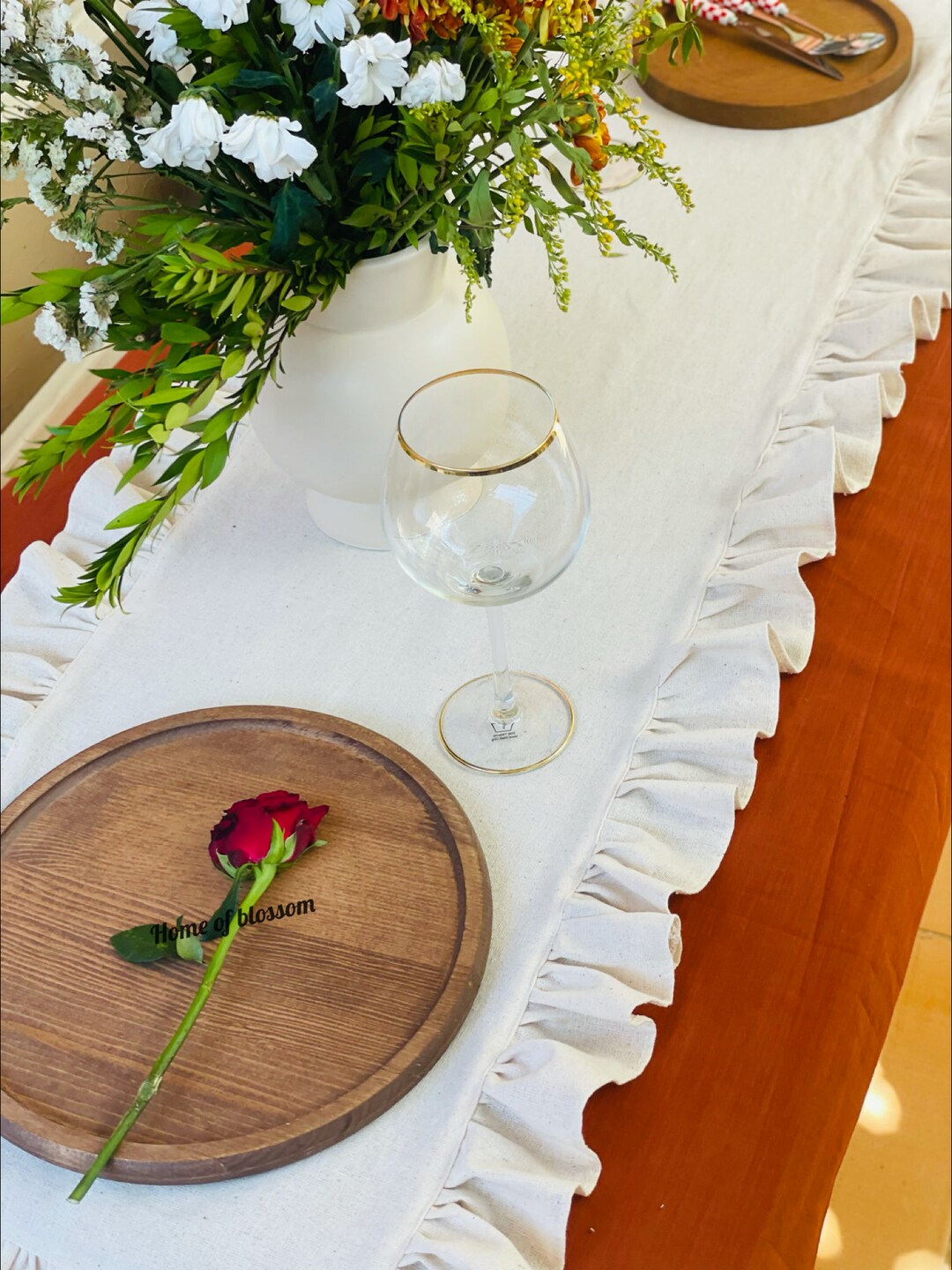 Ruffled Natural Linen Table Runner,farmhouse Linen Table Runner With ...