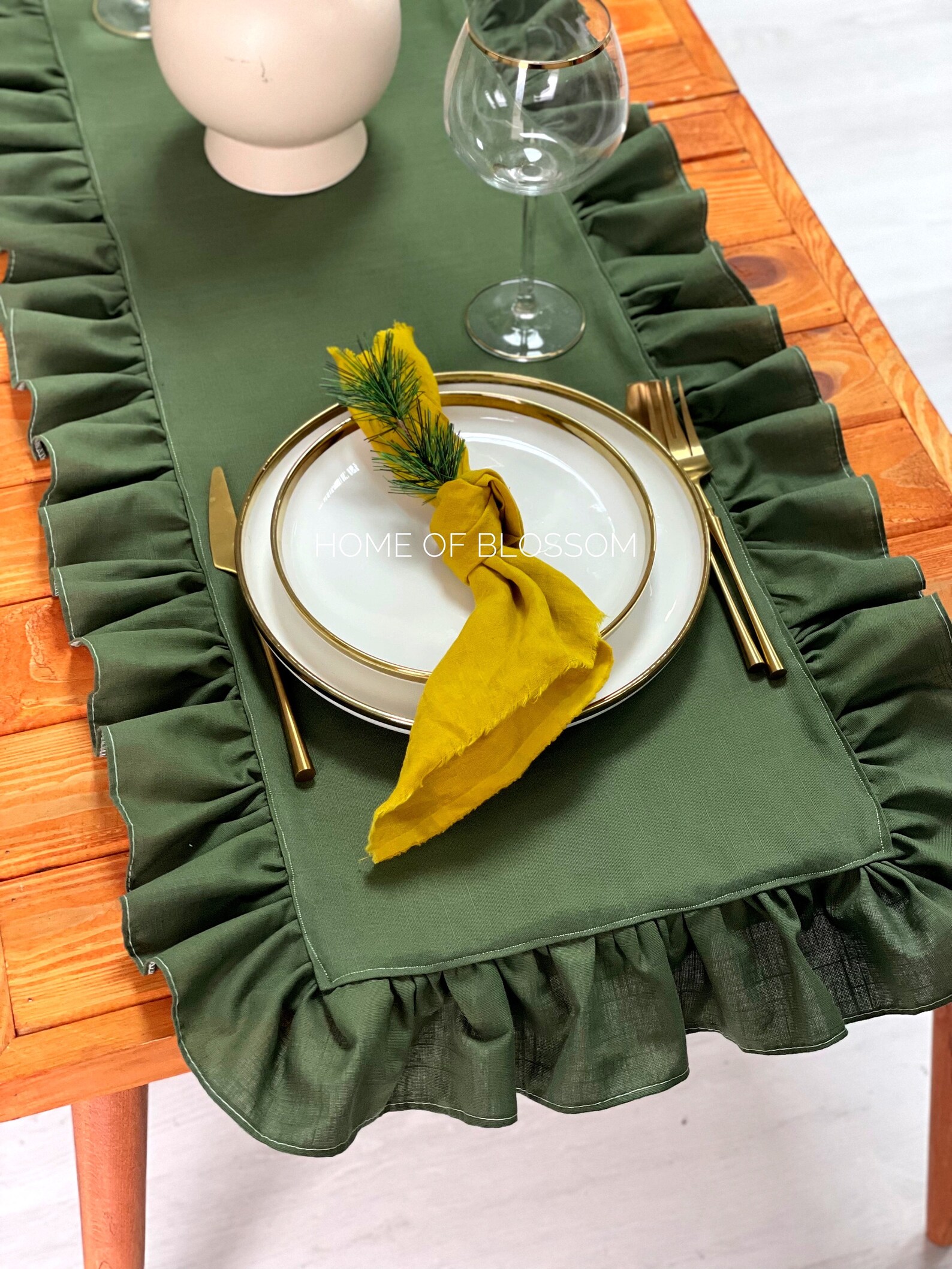 Ruffled Natural Linen Table Runner,farmhouse Linen Table Runner With ...