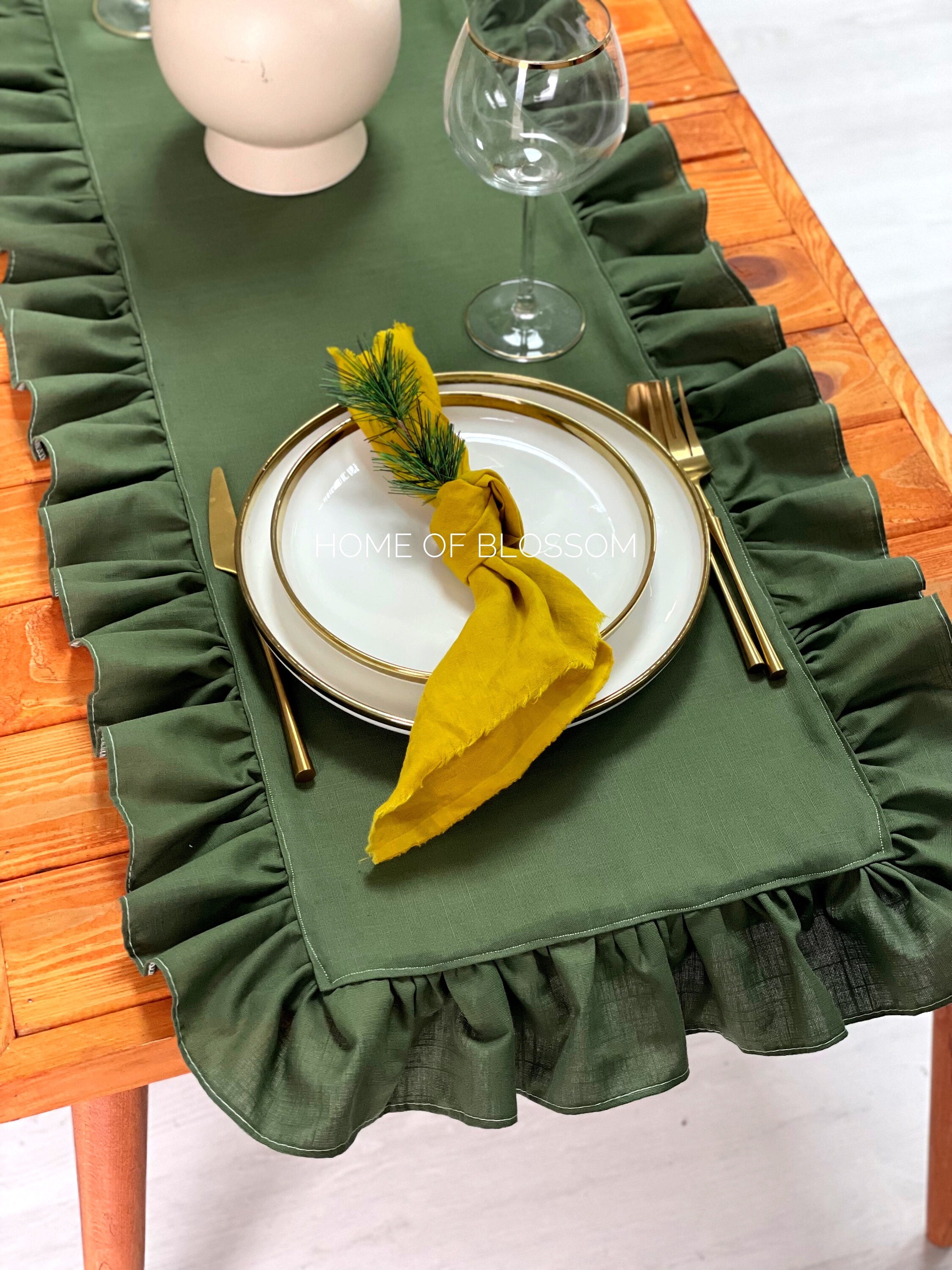 Ruffled Natural Linen Table Runner,farmhouse Linen Table Runner With ...