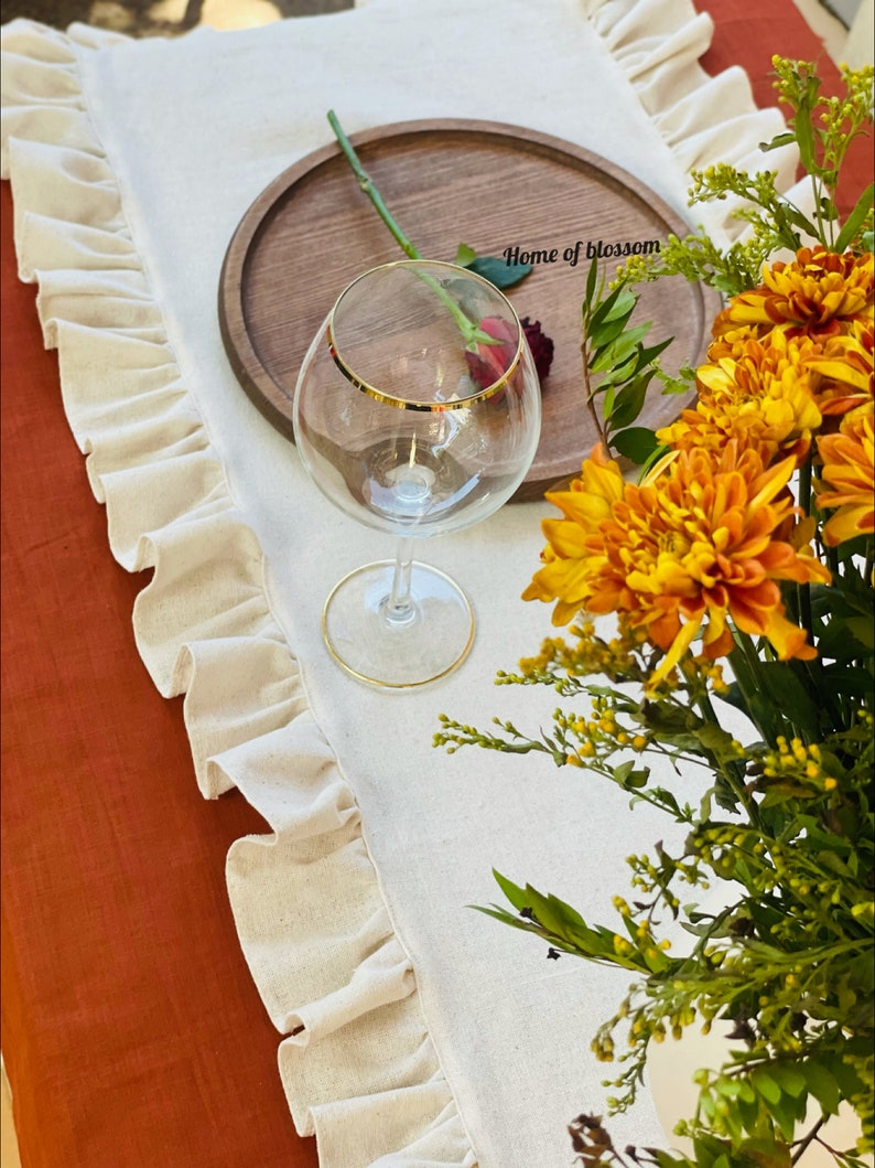 Ruffled Natural Linen Table Runner,farmhouse Linen Table Runner With ...