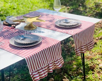 Red Stripe Vintage Linen Tablerunner With Ruffle, Red Stonewashed Linen ...