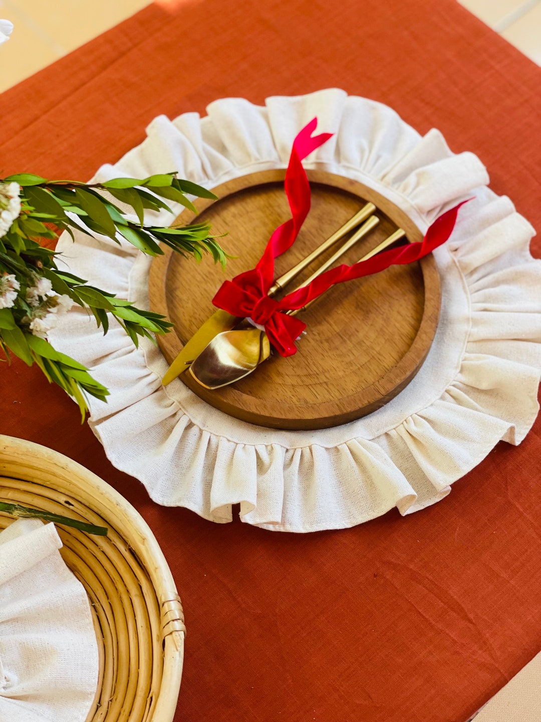 Ruffle Round Cream Color Washed Linen Placemats, Natural Boho Placemats ...