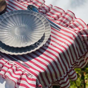 Red Stripe Vintage Linen Tablerunner With Ruffle, Red Stonewashed Linen ...