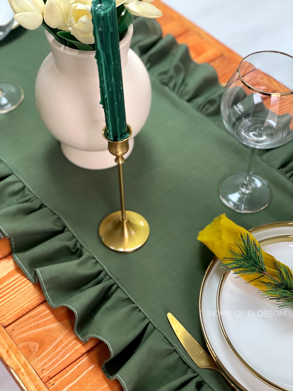 Ruffled Natural Linen Table Runner,farmhouse Linen Table Runner With ...