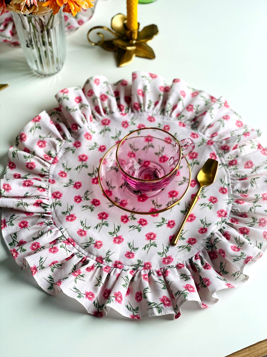 Vintage Rose Round Beige Linen Placematwith Ruffle,ruffled Red Rose ...