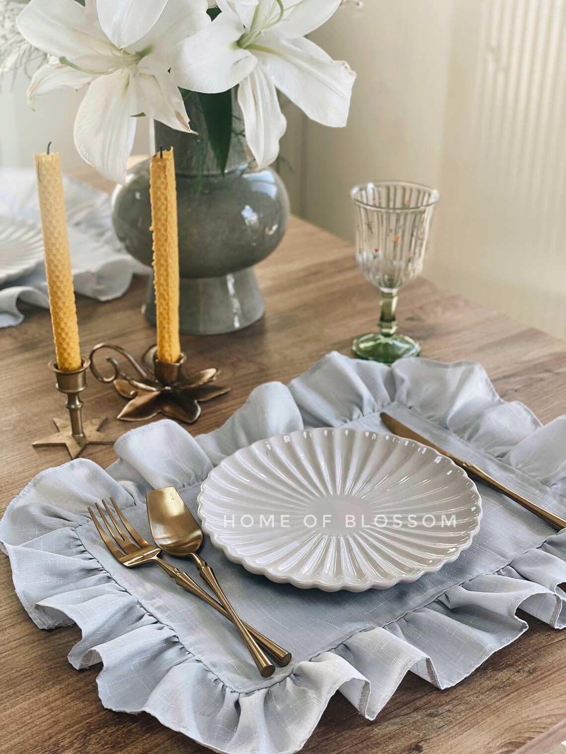 Gray Ruffled Regtangle Rustic Placemats for Table Decor, Gray Sweden ...