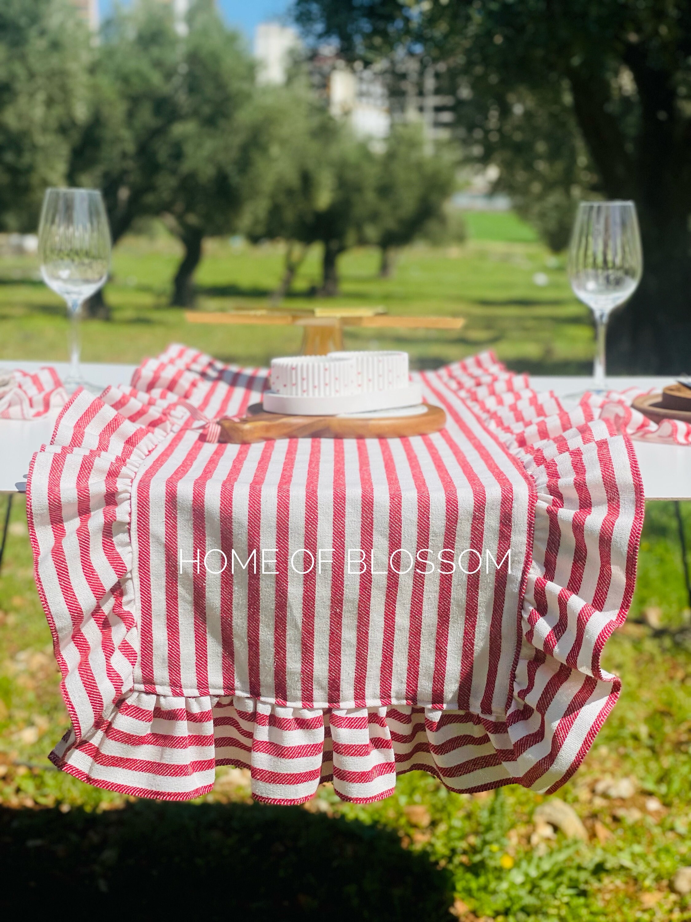 Red Stripe Vintage Linen Tablerunner With Ruffle, Red Stonewashed Linen ...