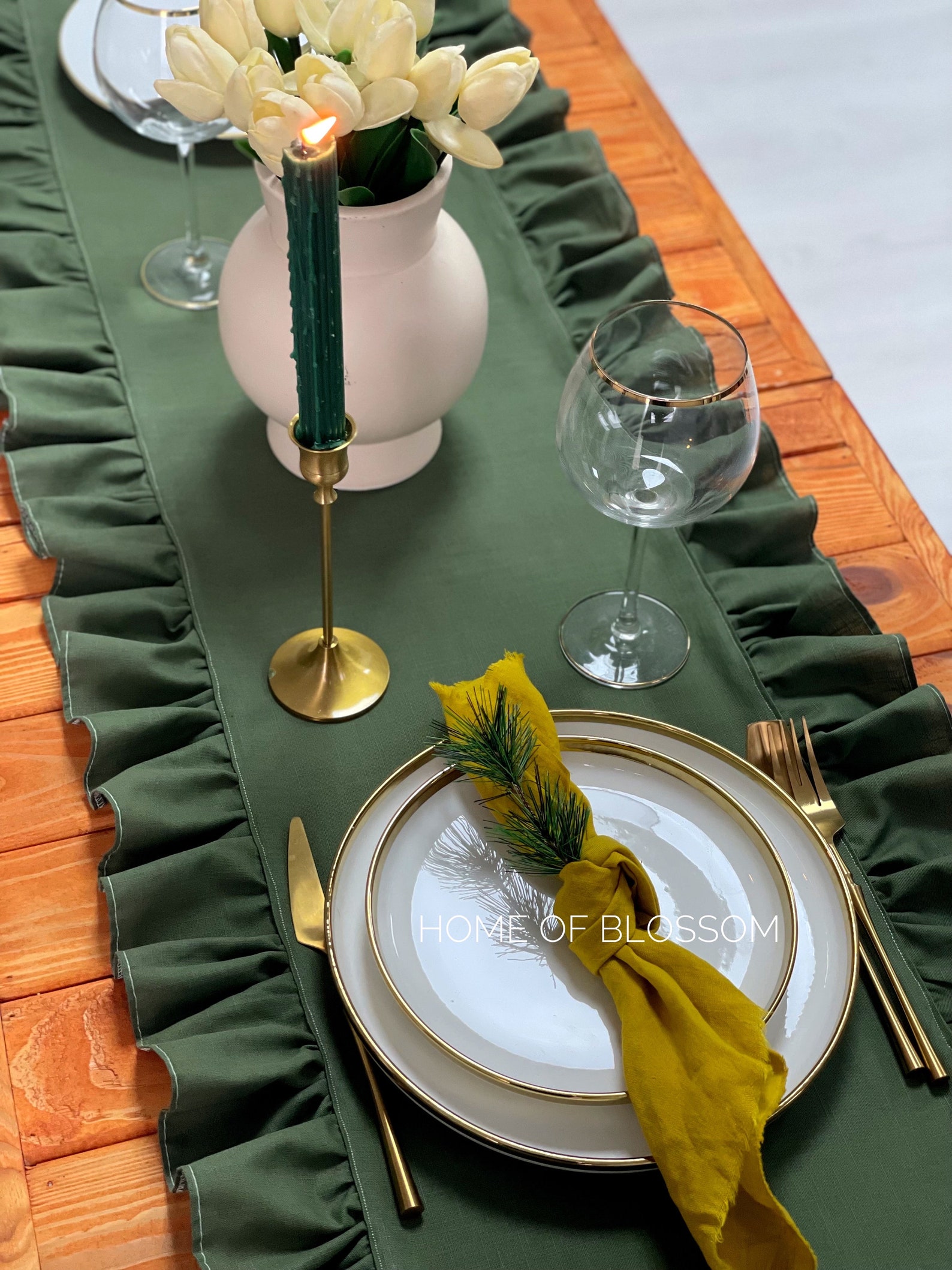 Ruffled Natural Linen Table Runner,farmhouse Linen Table Runner With ...