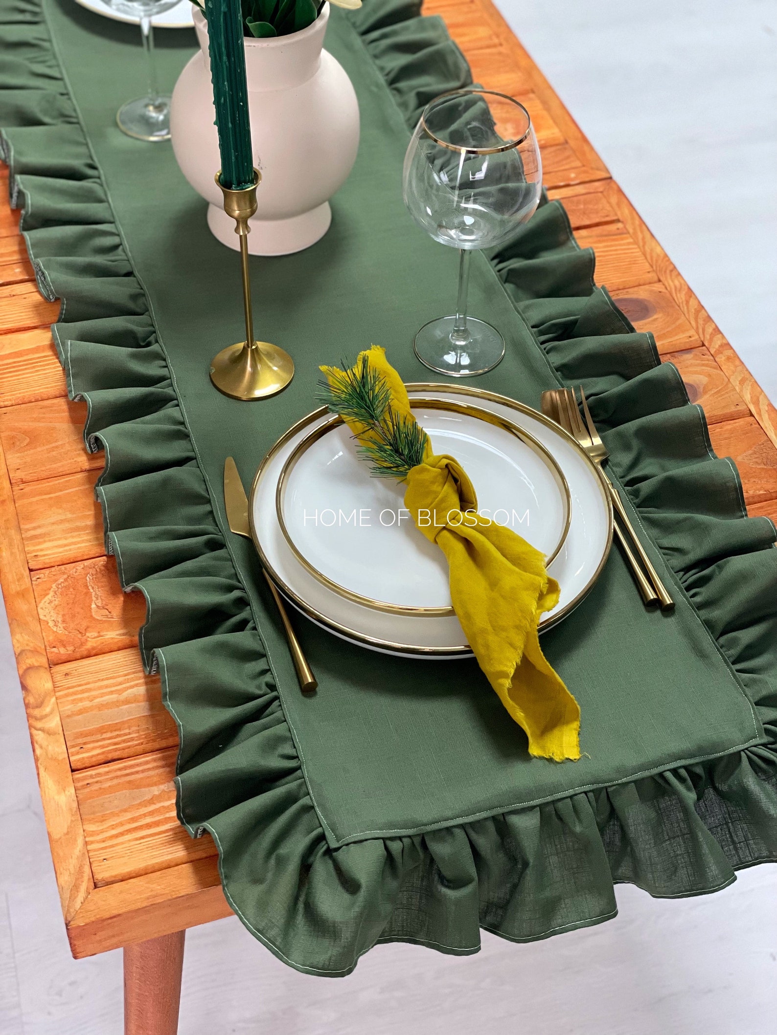 Ruffled Natural Linen Table Runner,farmhouse Linen Table Runner With ...