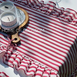 Red Stripe Vintage Linen Tablerunner With Ruffle, Red Stonewashed Linen ...
