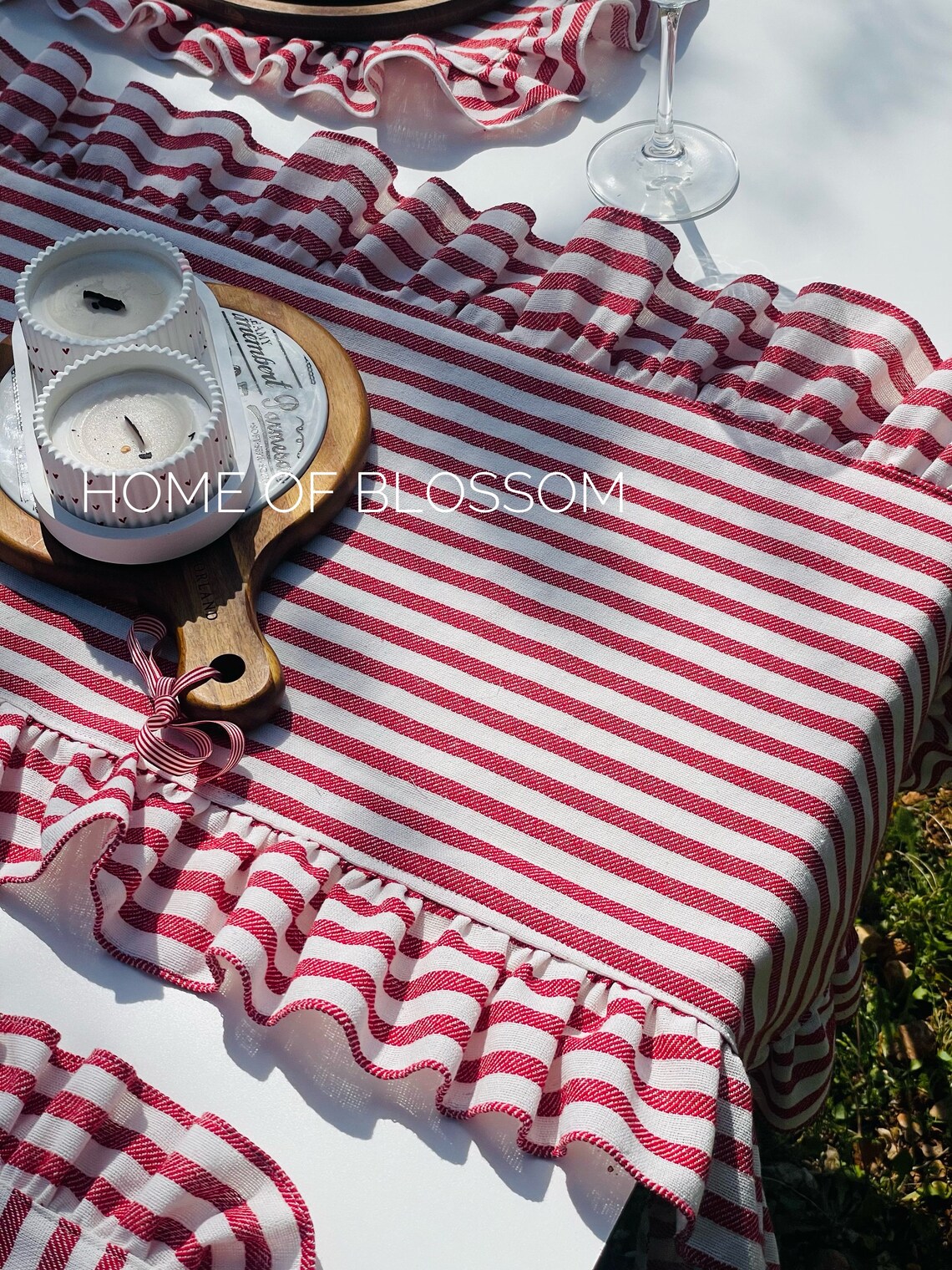 Red Stripe Vintage Linen Tablerunner With Ruffle, Red Stonewashed Linen ...