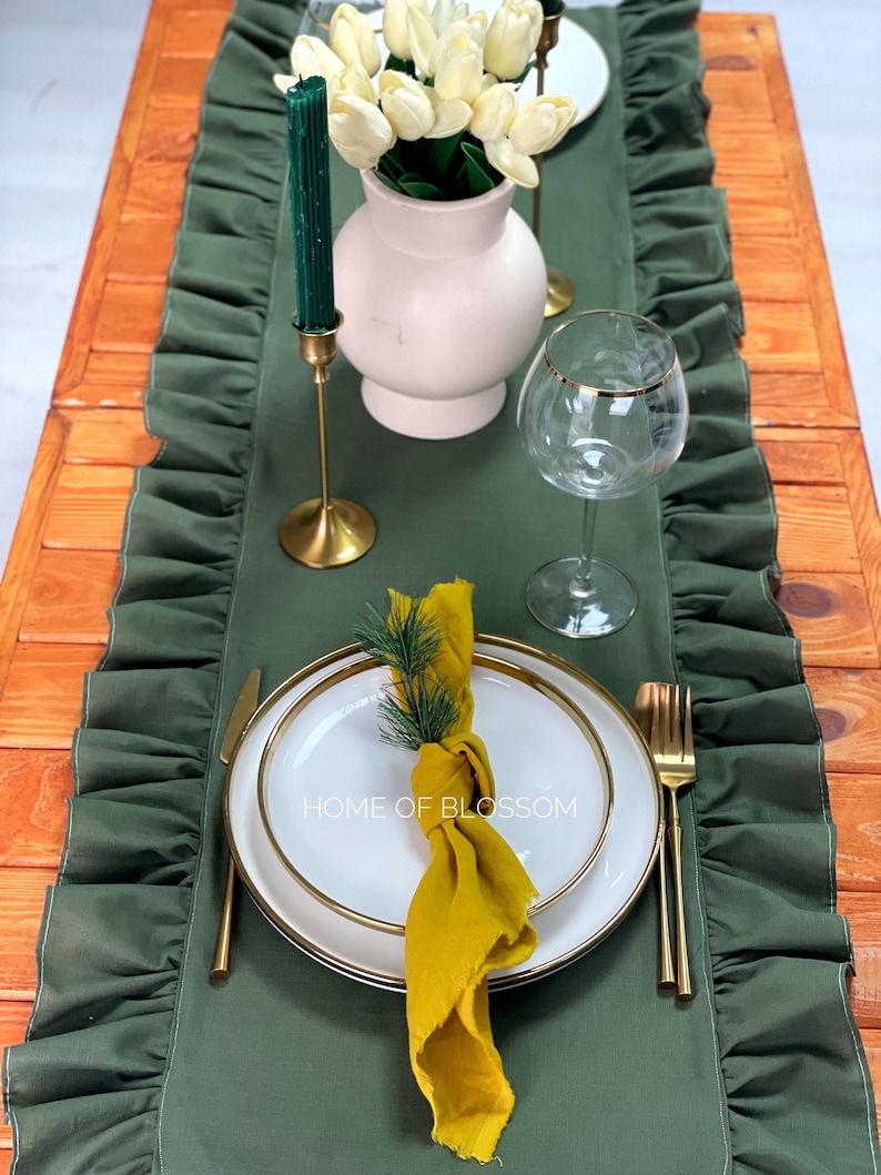 Ruffled Natural Linen Table Runner,farmhouse Linen Table Runner With ...