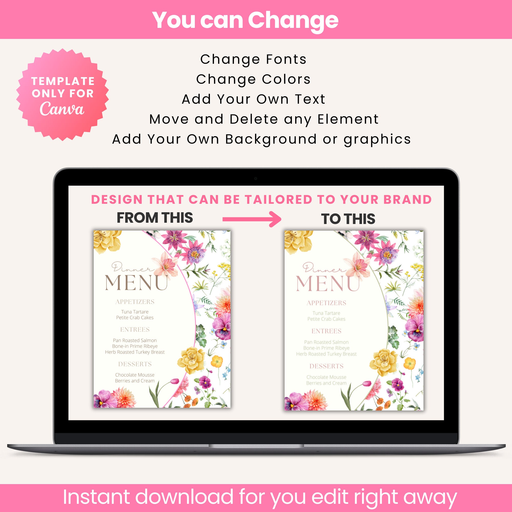 Minimal Floral Menu Template, Mother's Day Floral Template, Watercolor ...