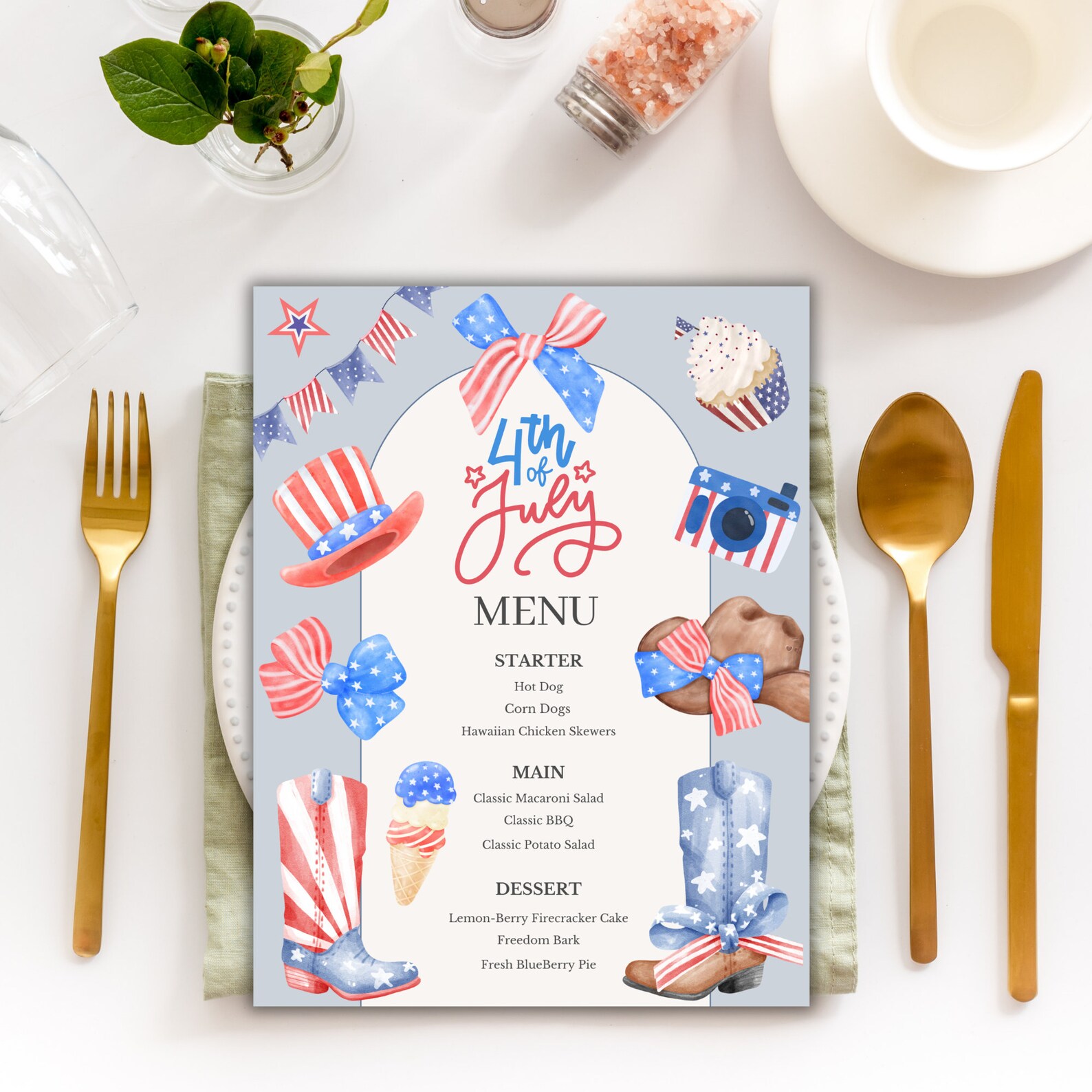 4th of July Watercolor Menu Template, Fourth of July Menu Template ...