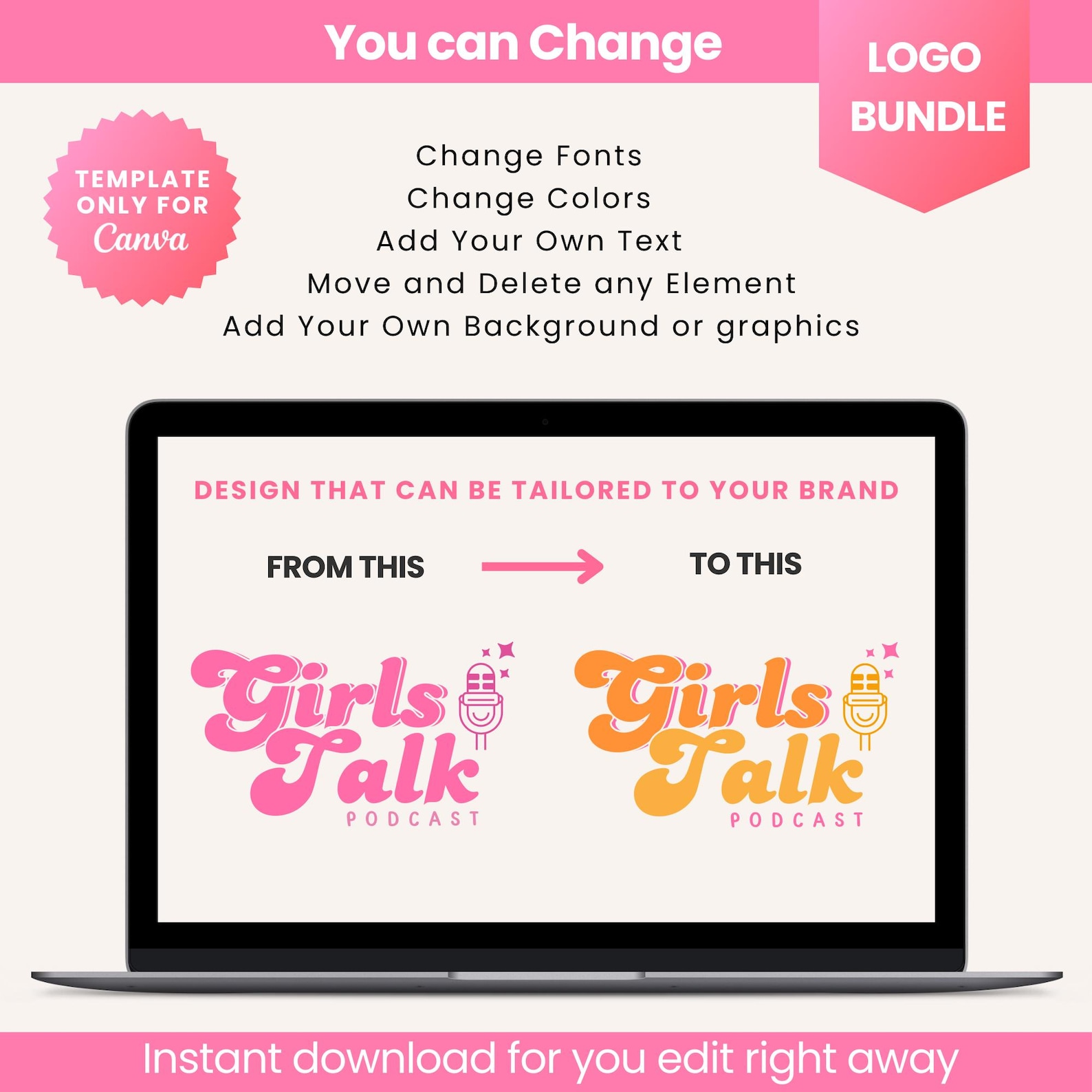 Editable Pink Logo Template, Retro Style Logo Template, Logotemplate ...