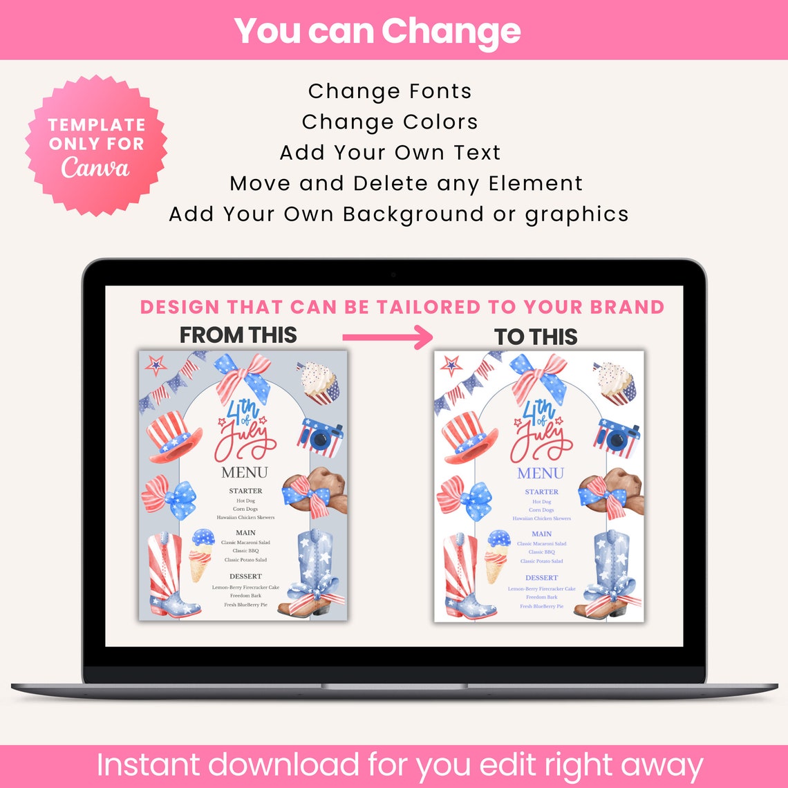 4th of July Watercolor Menu Template, Fourth of July Menu Template ...