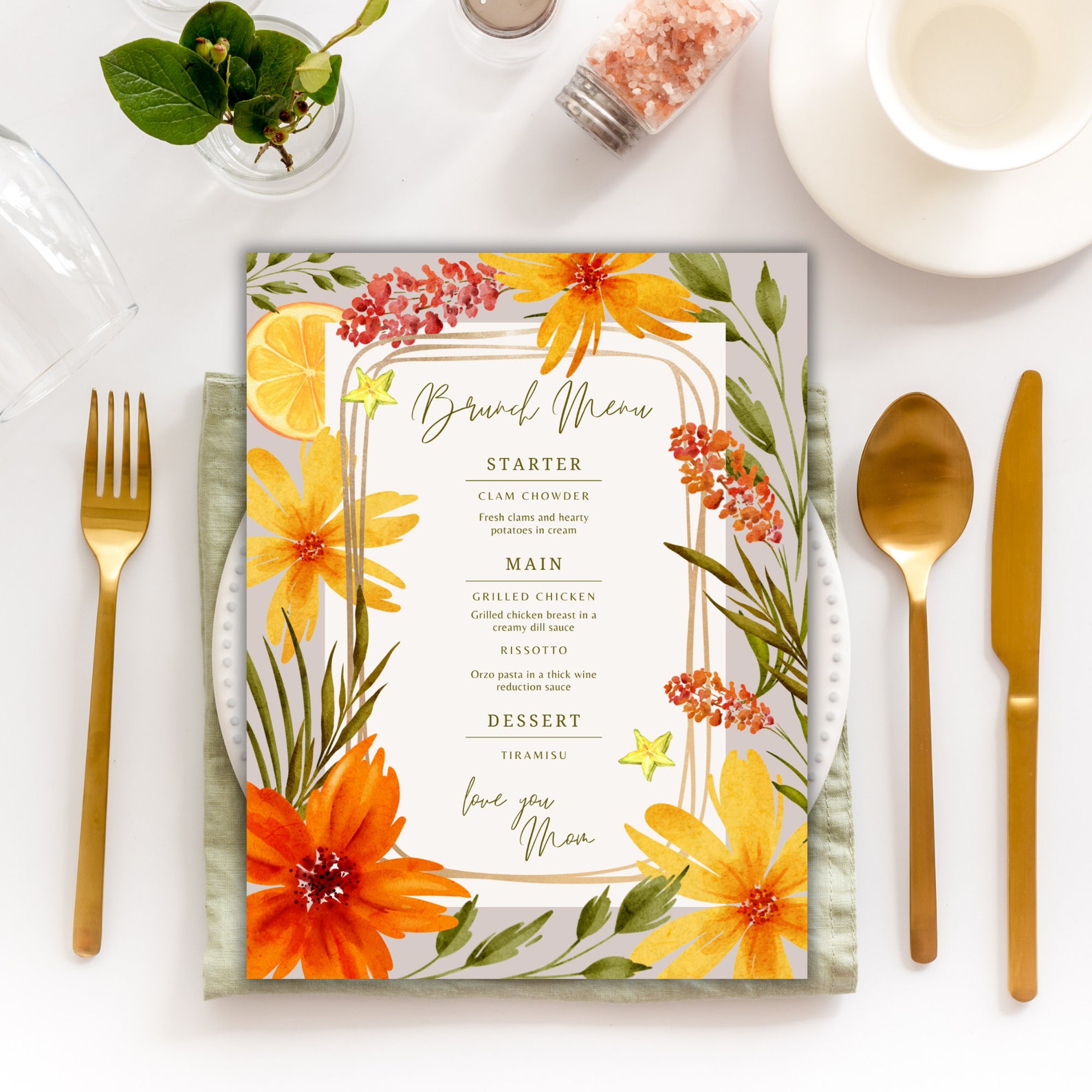 Floral Mother's Day Menu Template, Watercolor Tropical Flowers Menu ...