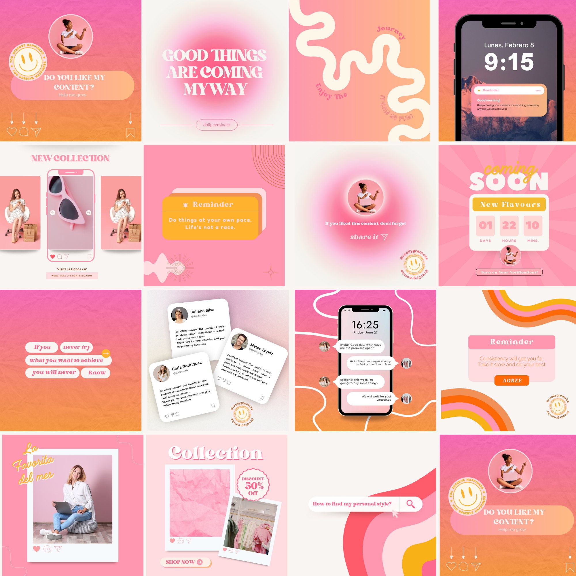Bright Pink Instagram Post Template Bundle, Retro Style, Positive ...