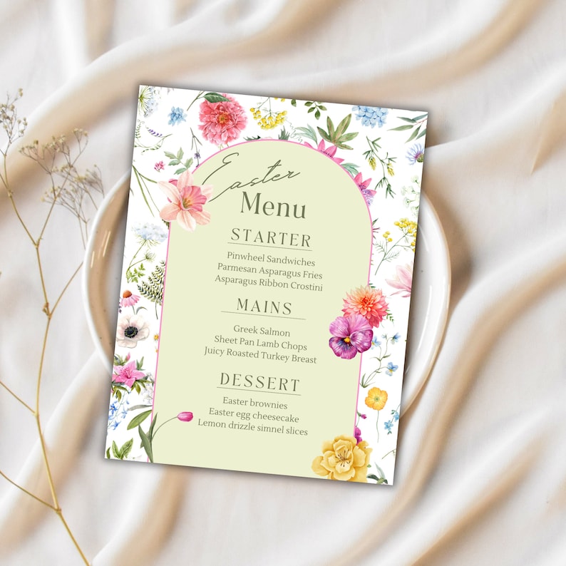 Minimal Floral Menu Template, Easter Floral Template, Watercolor ...