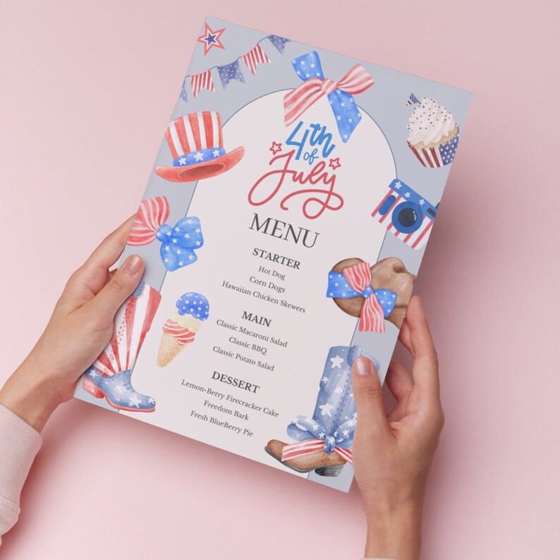 4th of July Watercolor Menu Template, Fourth of July Menu Template ...