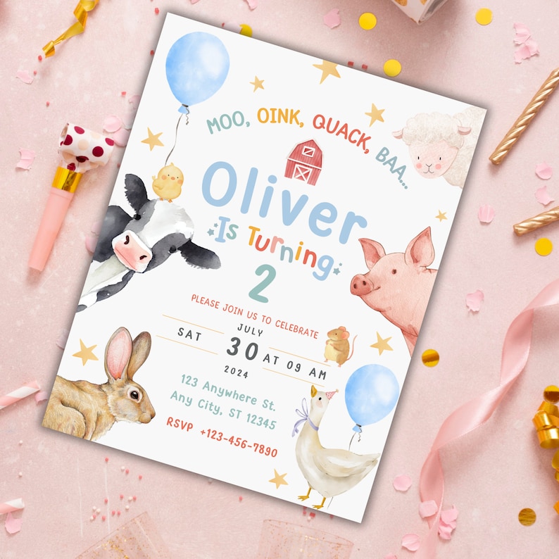 Editable Farm Animals Birthday, Watercolor Pastel Farm Invitation ...