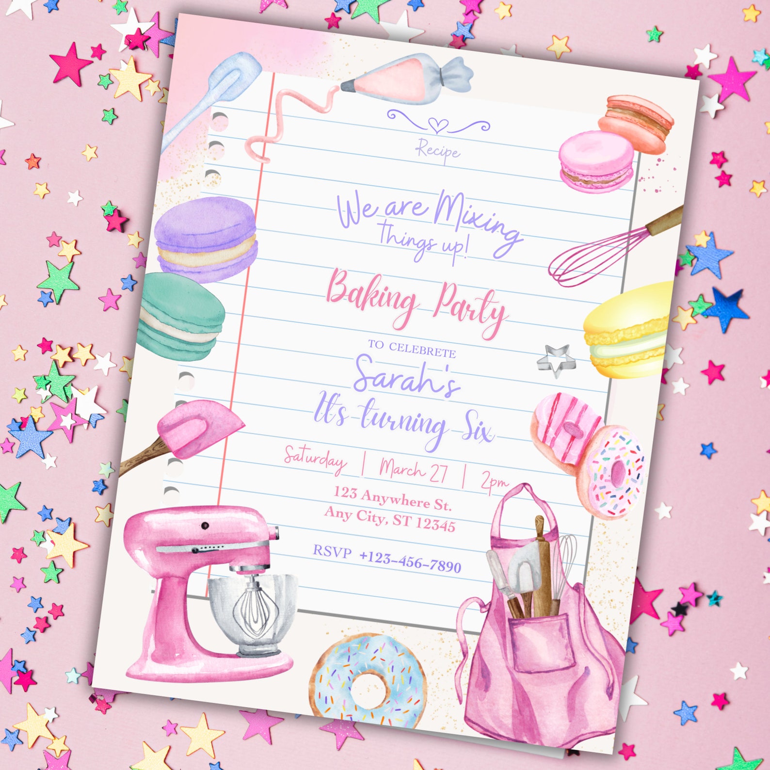 Bright Pastel Baking Party Invitation, Dessert Party Invitation, Girl Birthday, Macarons ...