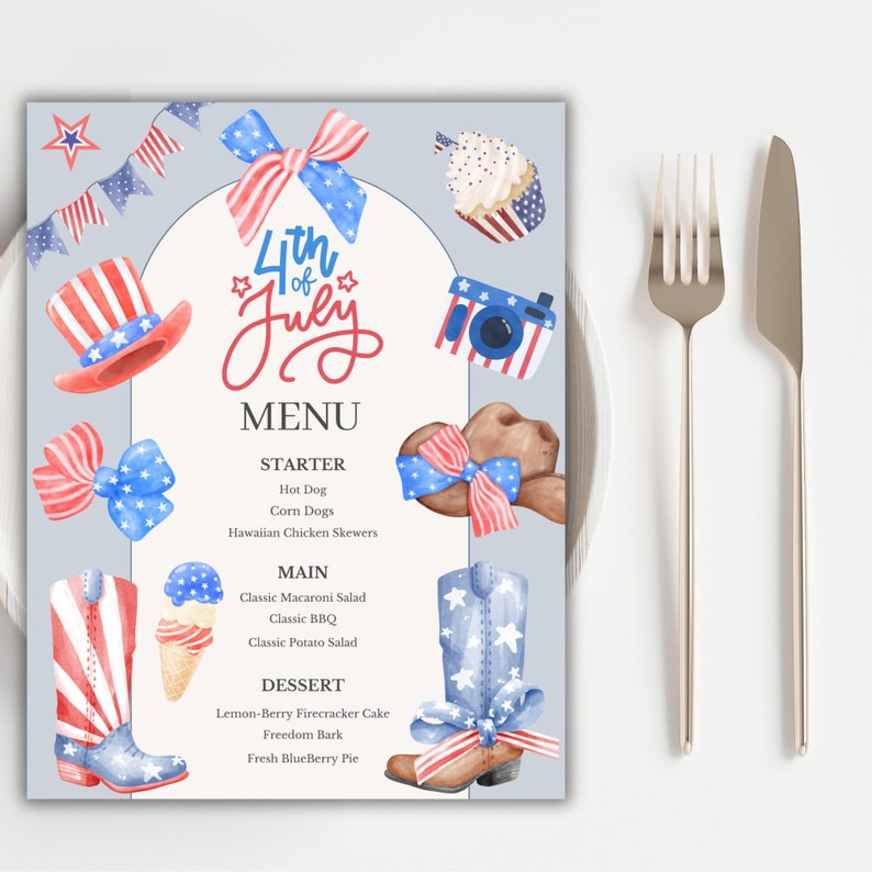 4th of July Watercolor Menu Template, Fourth of July Menu Template ...