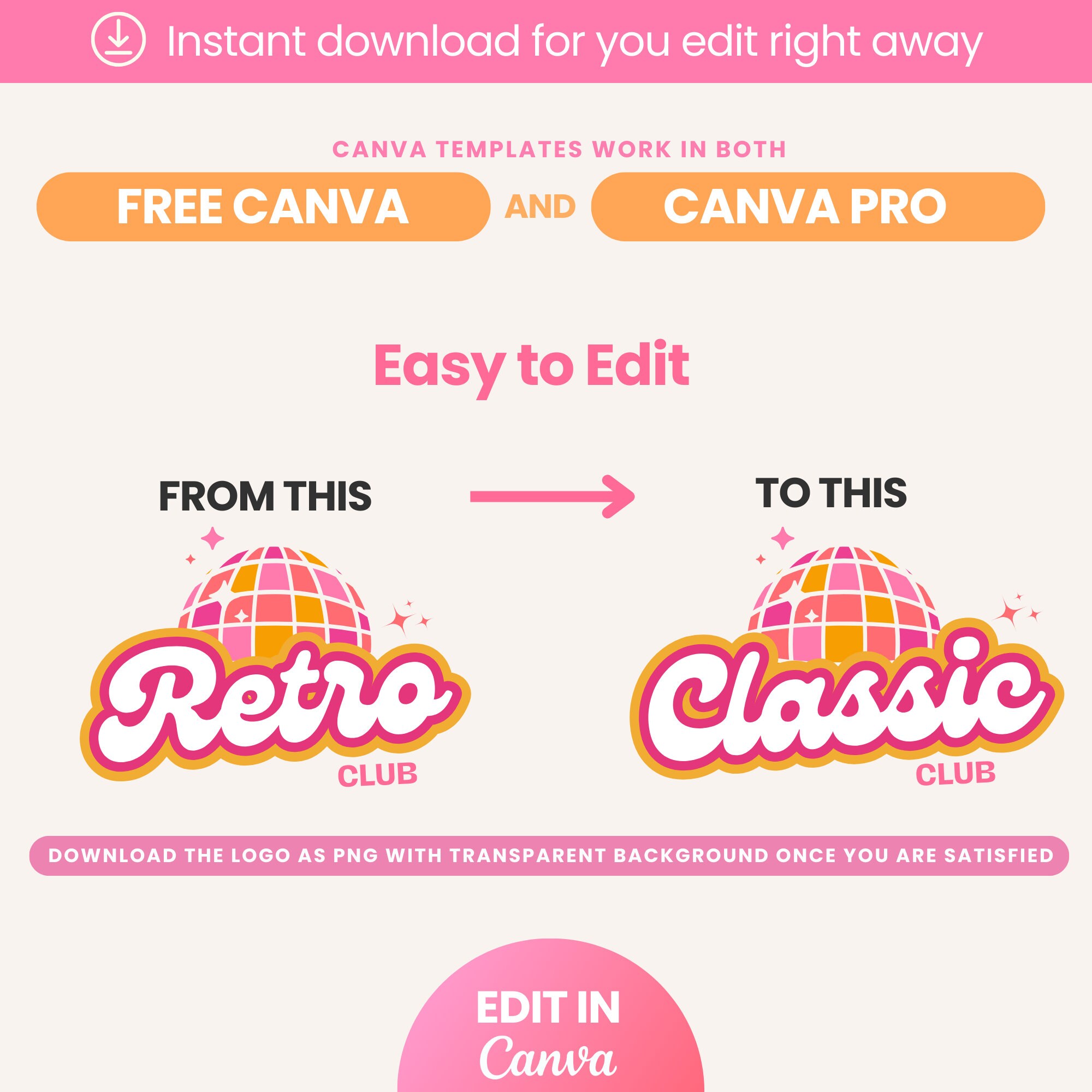 Groovy Retro Disco Ball Logo, Pink Disco Ball Logo, Colorful Retro ...