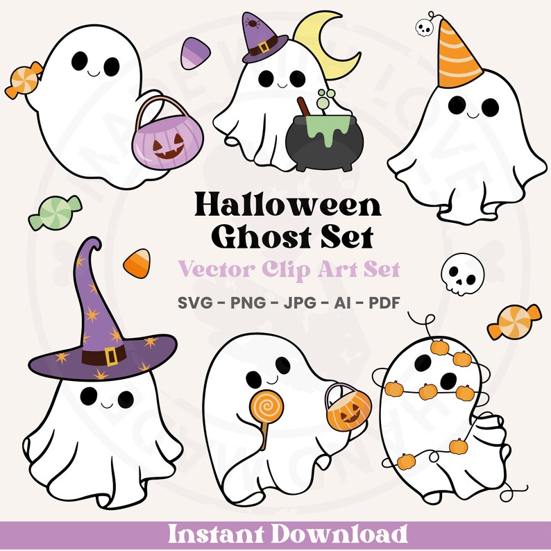 Ghost Kawaii Clipart, Cute Halloween Kawaii, Ghost Doodle Set, Ghost ...