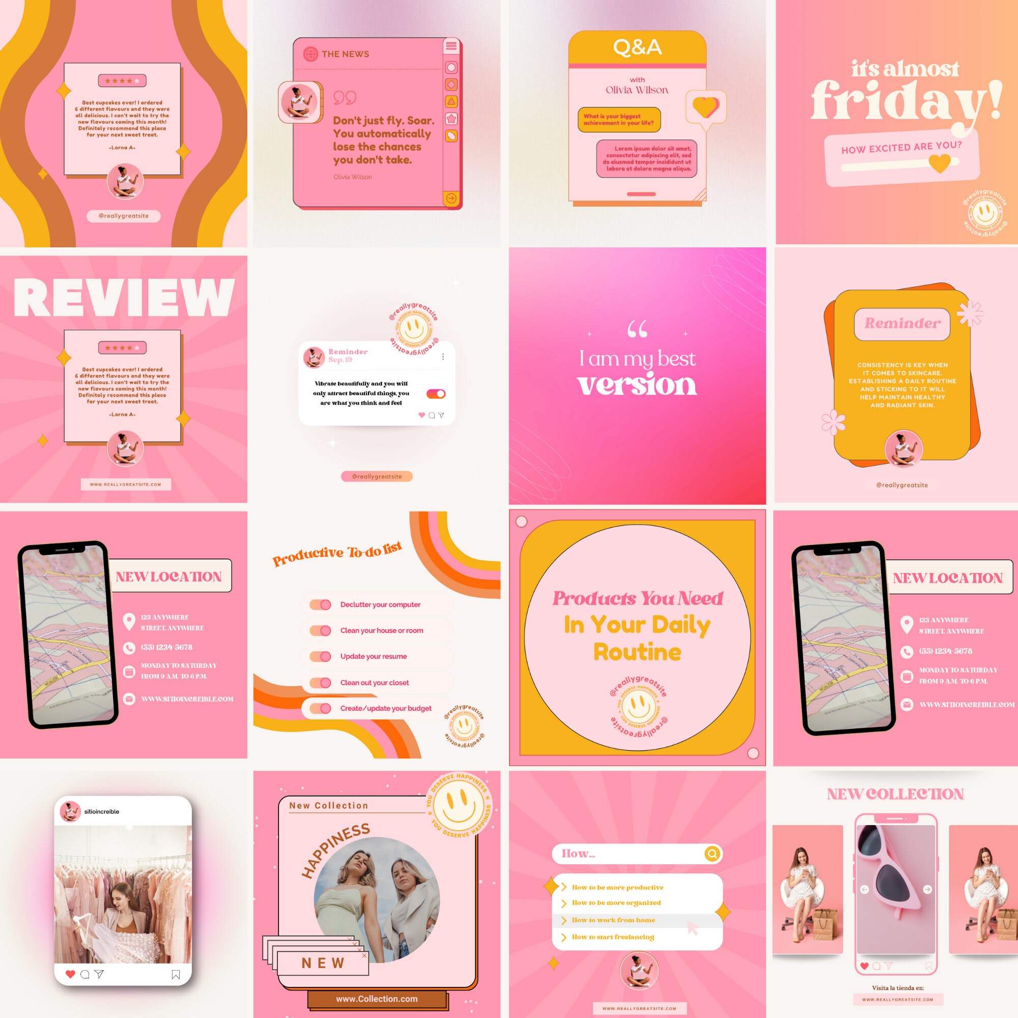 Bright Pink Instagram Post Template Bundle, Retro Style, Positive ...