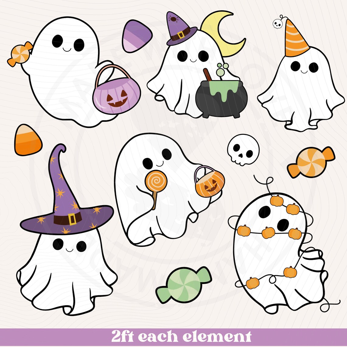 Ghost Kawaii Clipart, Cute Halloween Kawaii, Ghost Doodle Set, Ghost ...
