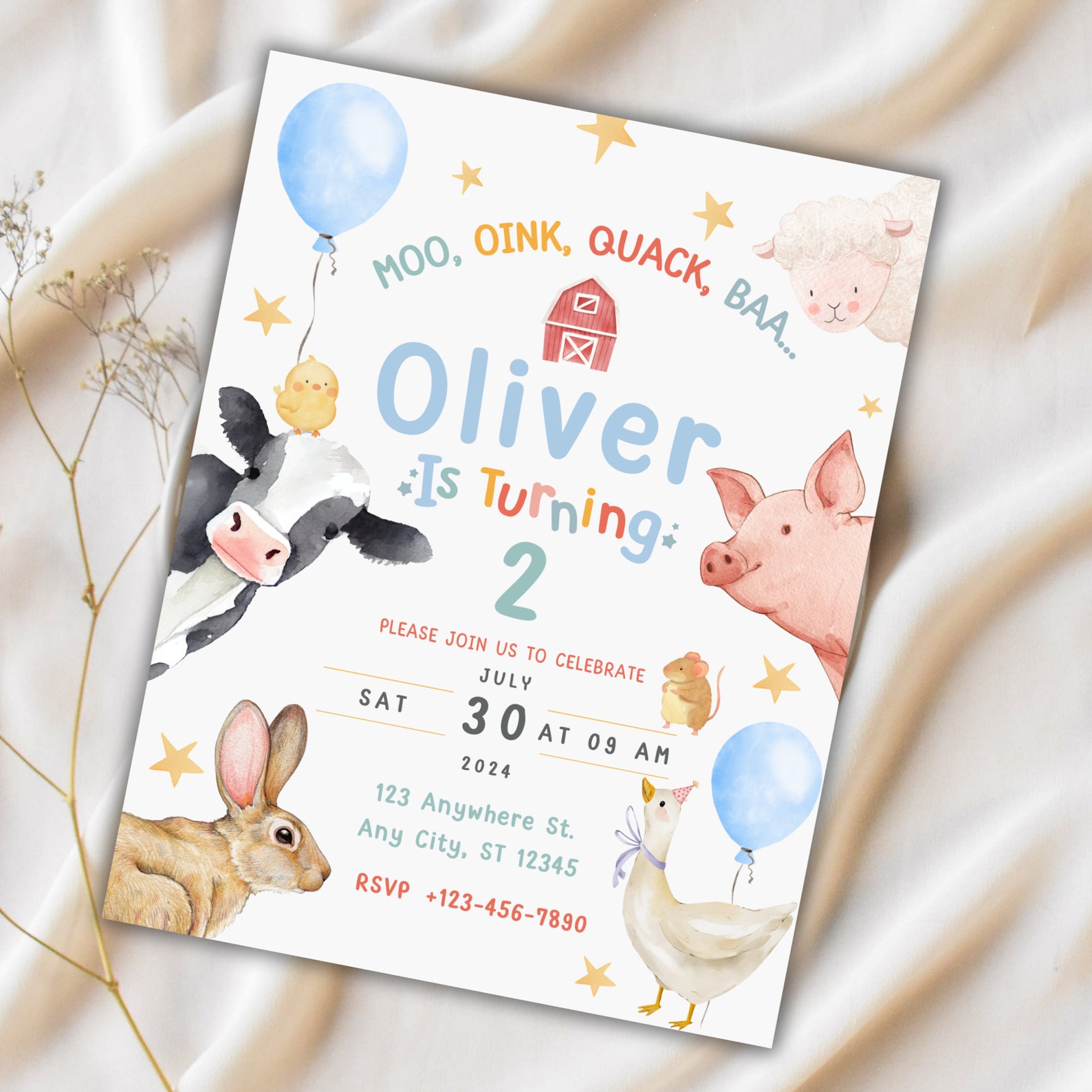 Editable Farm Animals Birthday, Watercolor Pastel Farm Invitation ...