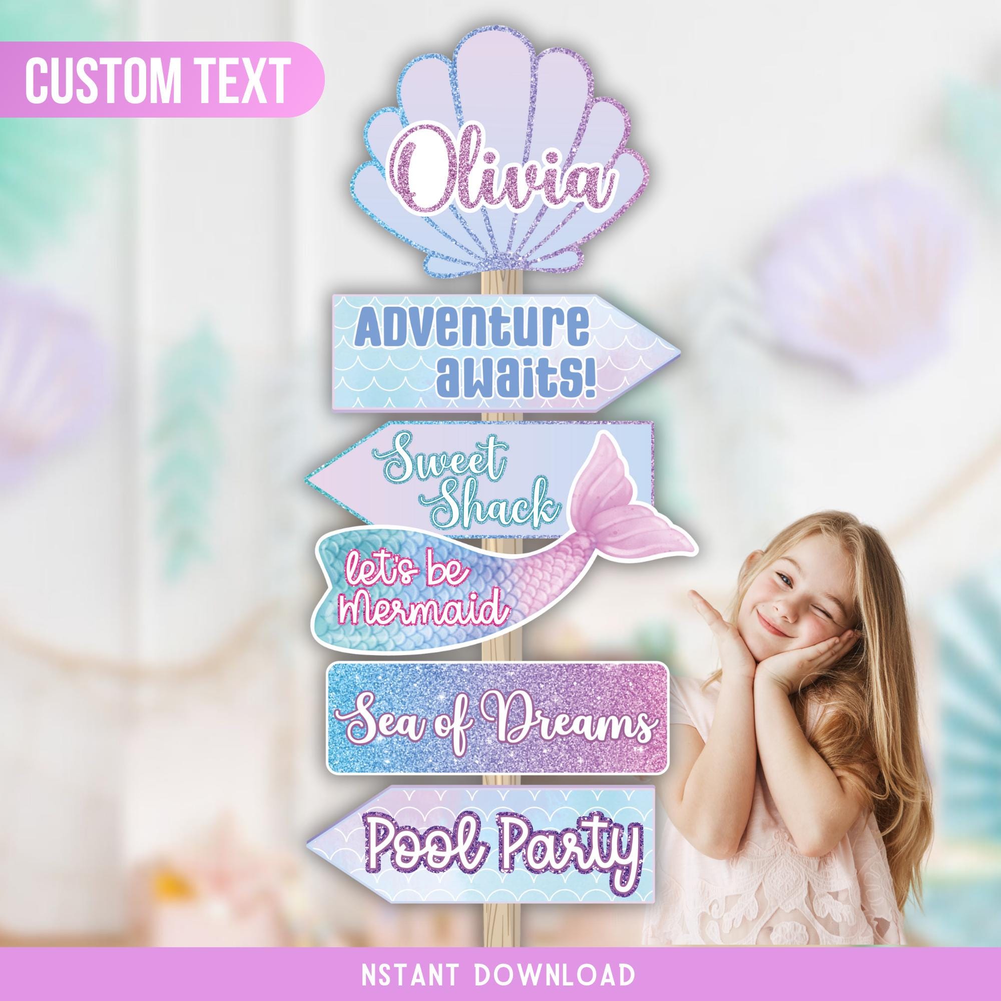 Mermaid Directional Sign, Mermaid Custom Text Sign, Shell Sign, Mermaid ...