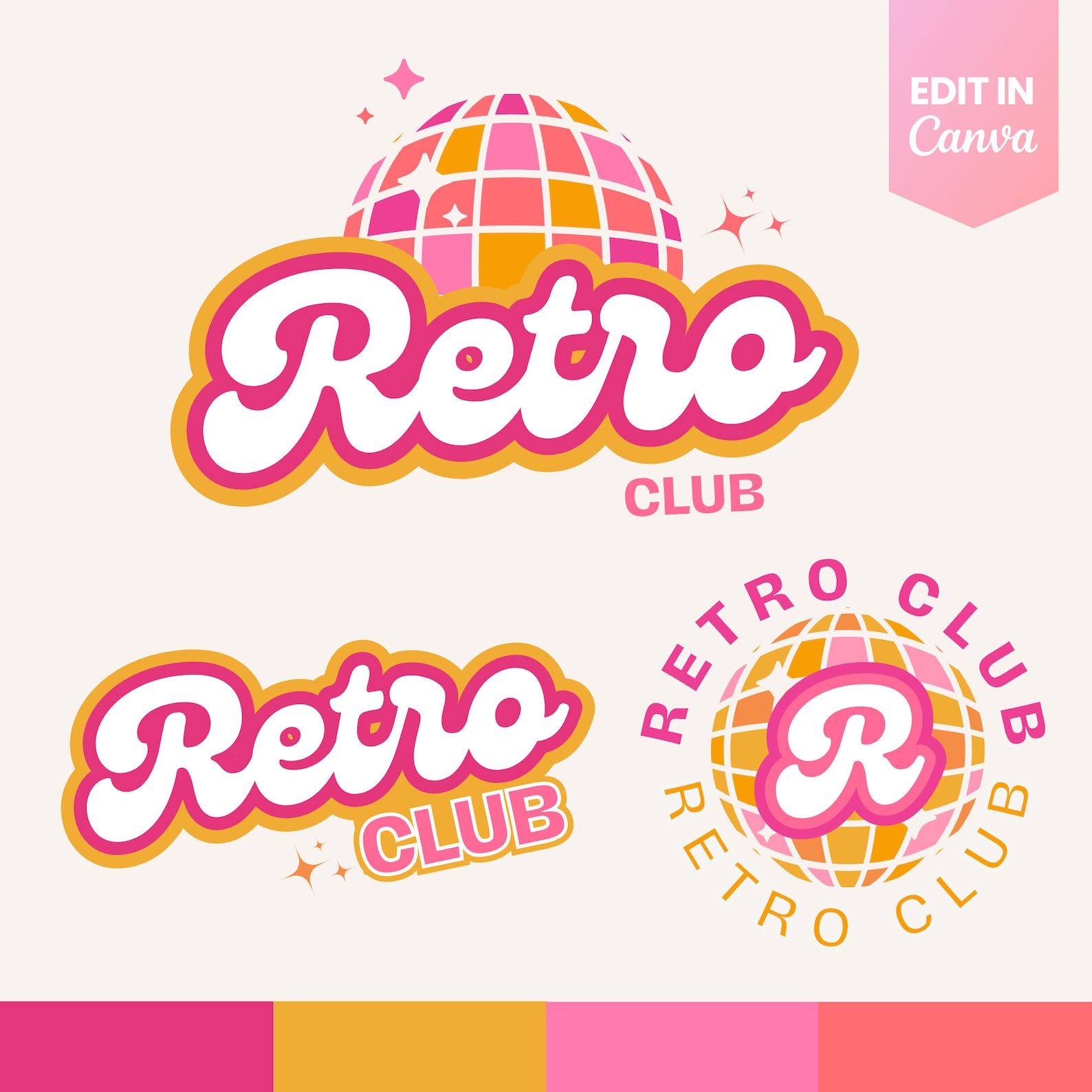 Groovy Retro Disco Ball Logo, Pink Disco Ball Logo, Colorful Retro ...