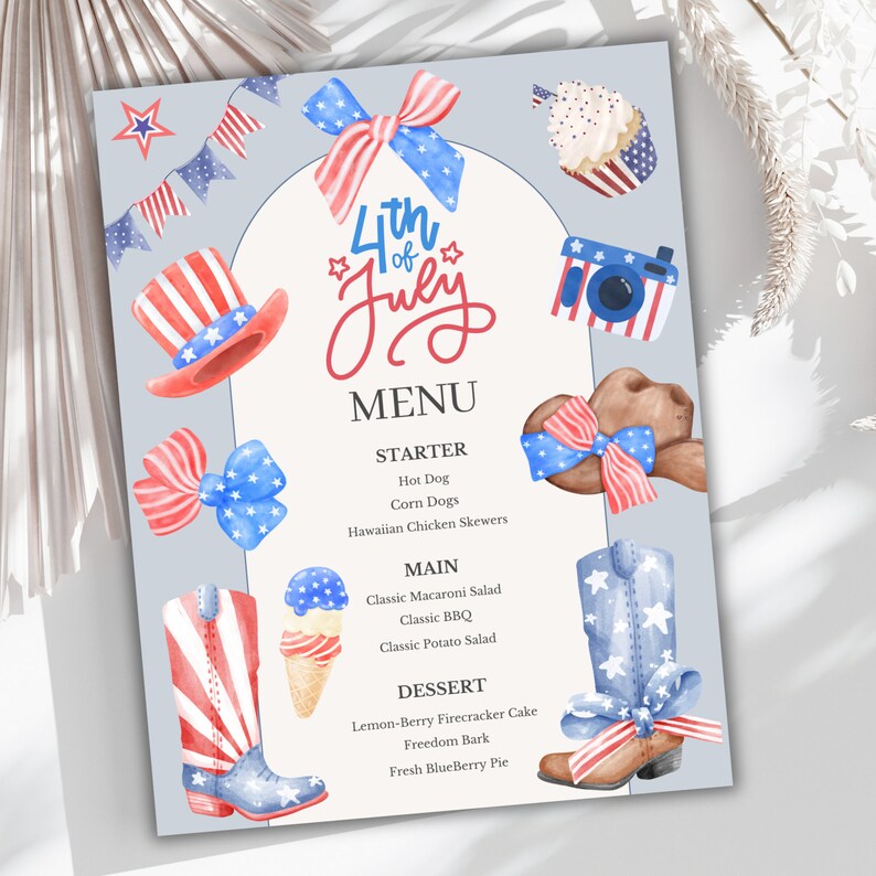 4th of July Watercolor Menu Template, Fourth of July Menu Template ...