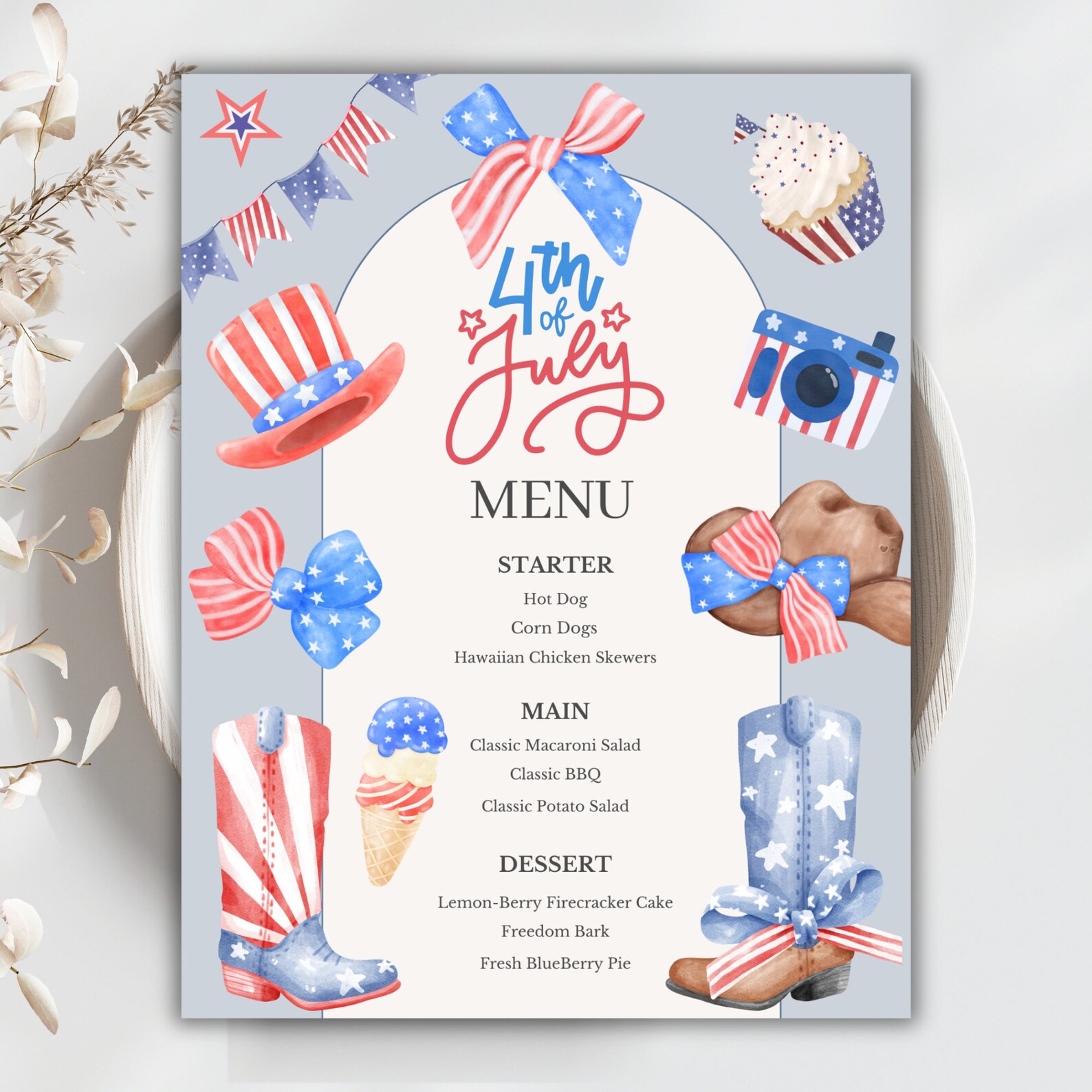 4th of July Watercolor Menu Template, Fourth of July Menu Template ...