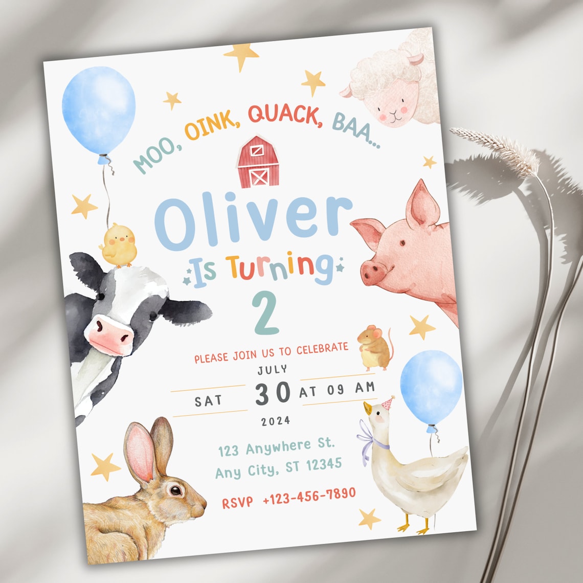 Editable Farm Animals Birthday, Watercolor Pastel Farm Invitation ...