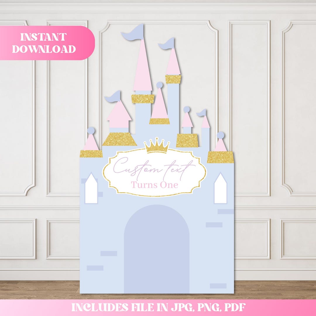Baby Blue Princess Castle Backdrop, Golden Glitter Castle, Custom Text ...