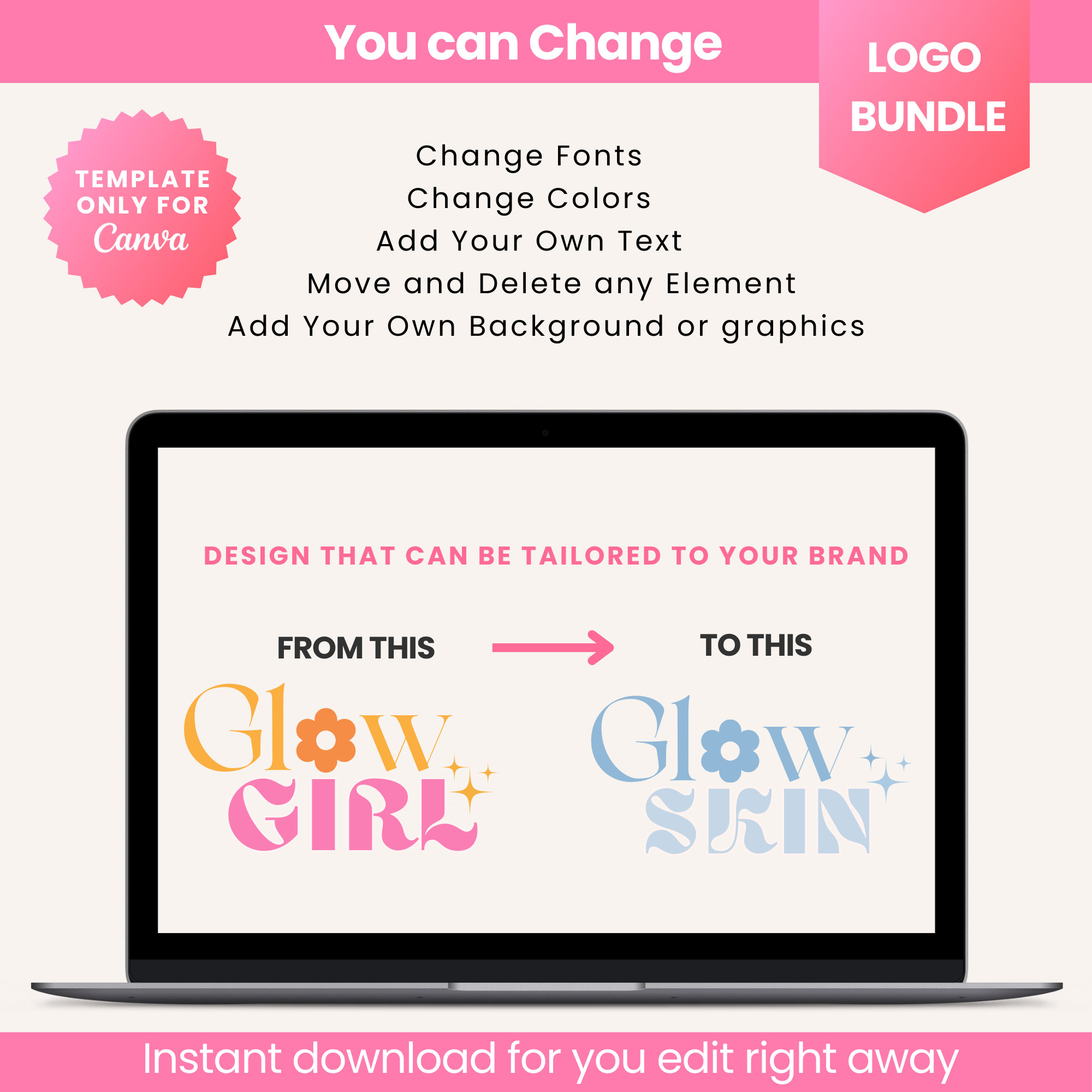 Girl Logo Design Template, Editable Canva Logo, Pink Groovy Aesthetic ...