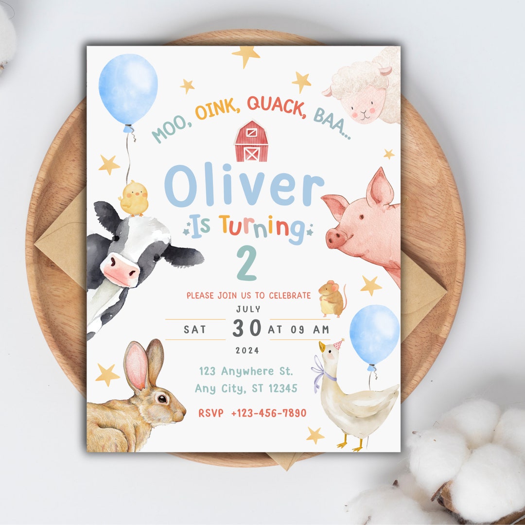 Editable Farm Animals Birthday, Watercolor Pastel Farm Invitation ...