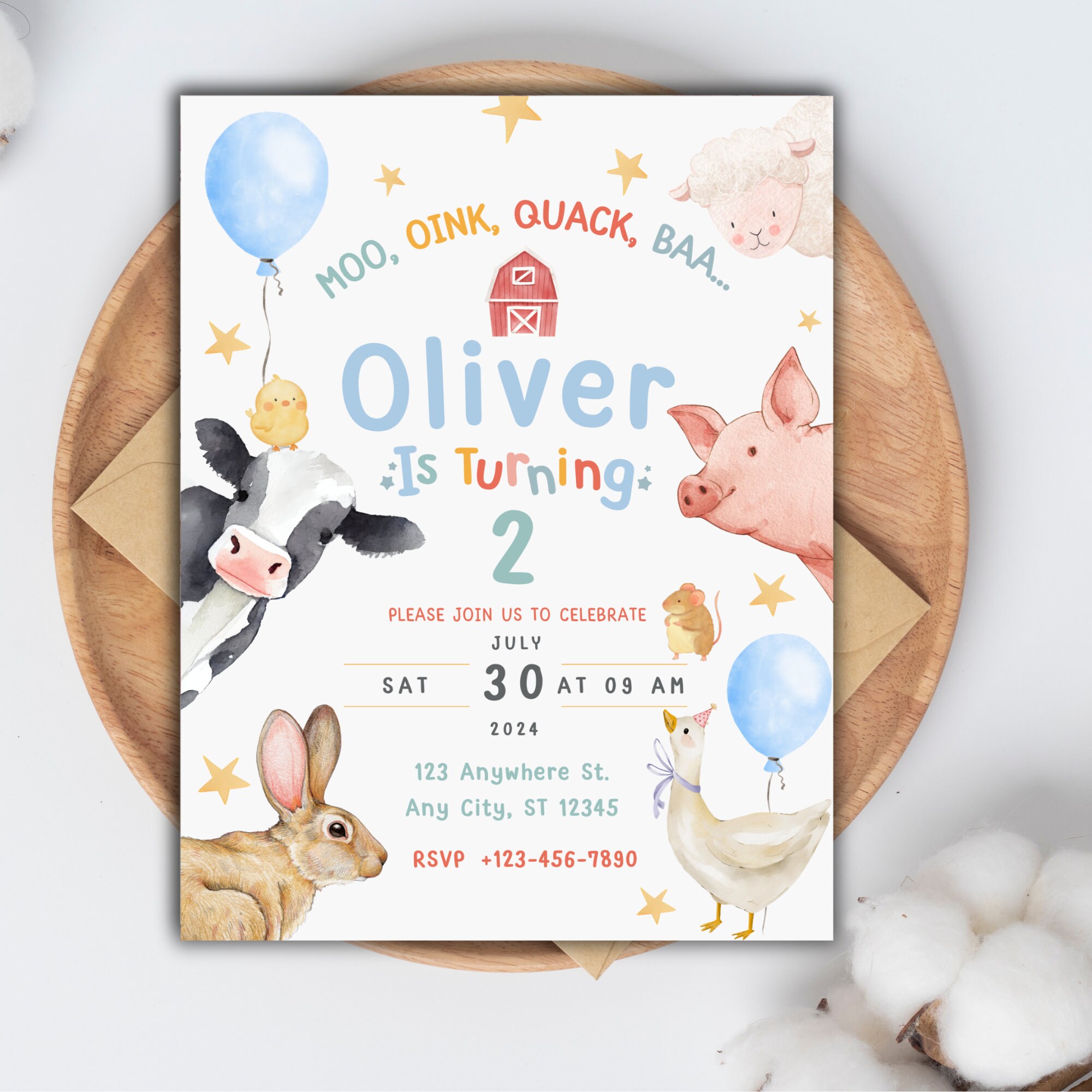 Editable Farm Animals Birthday, Watercolor Pastel Farm Invitation ...
