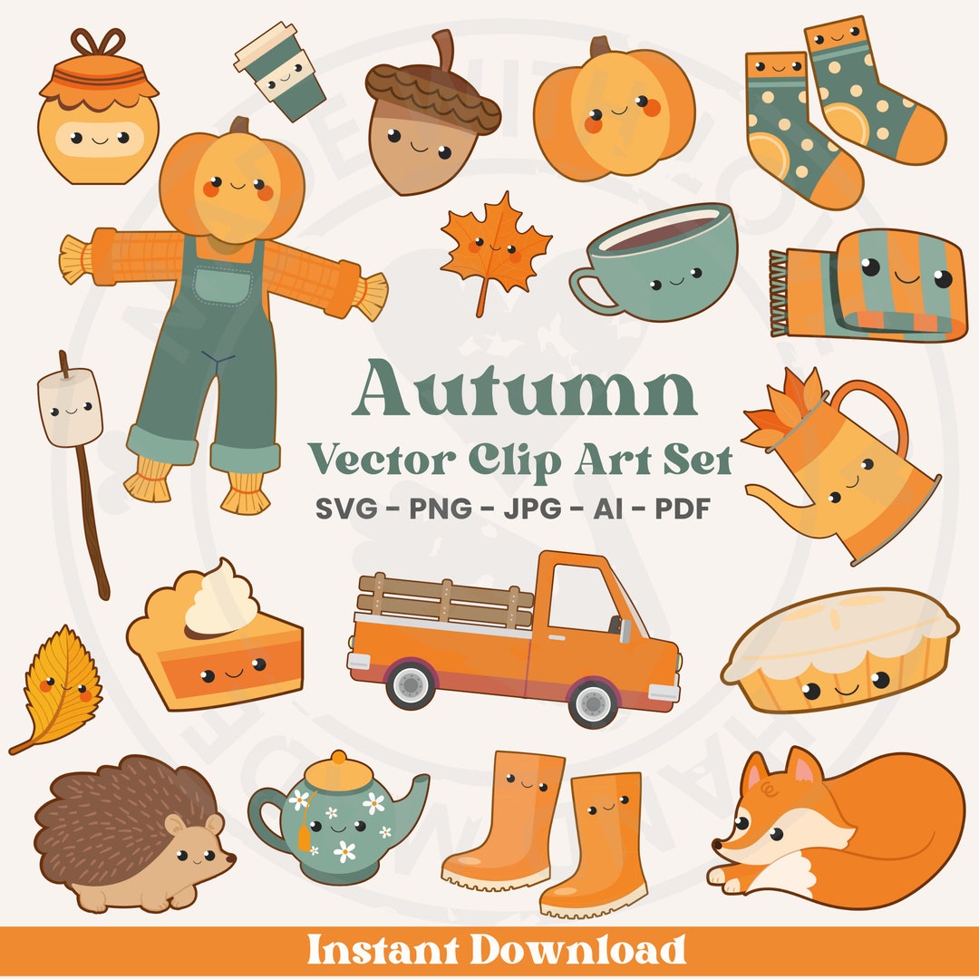 Autumn Kawaii Clipart, Cute Autumn Bundle, Fall Vector Clipart, Autumn ...