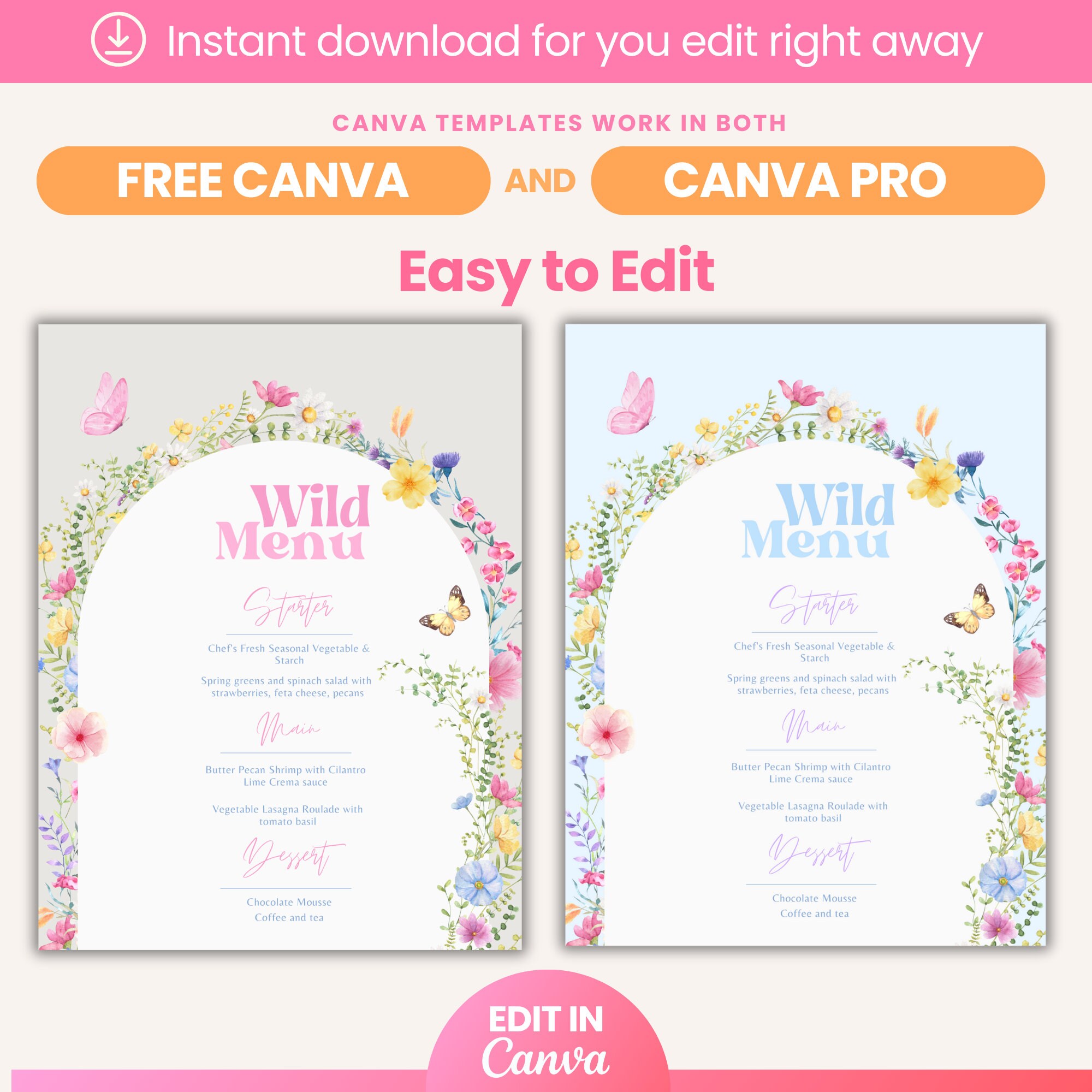 Floral Menu Template, Wildflower Menu, Minimal Floral Menu, Watercolor ...